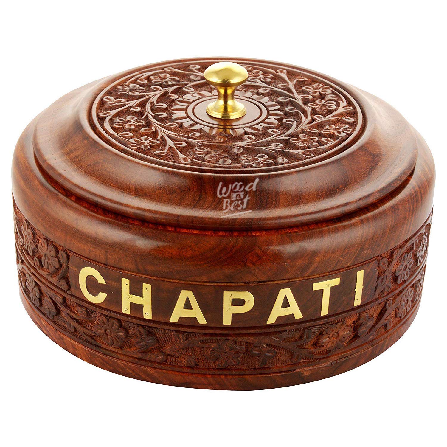 Buy BESTWOOD Wooden Chapati Storage Hot Casserole with Brass Written ...