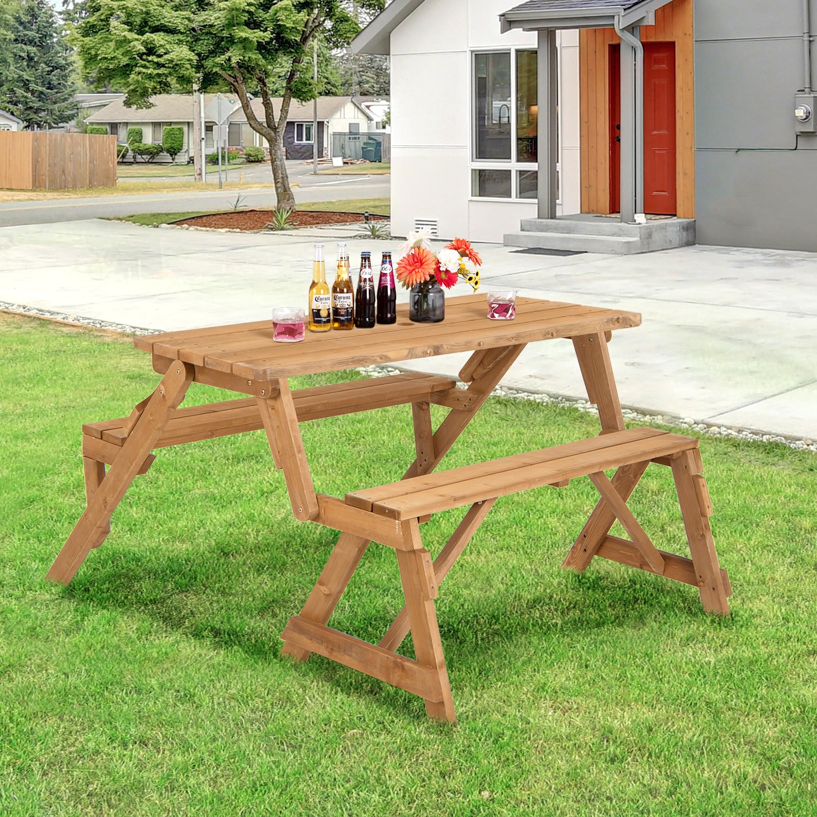 GYMAX Picnic Table, 2 In 1 Convertible Picnic Bench Table Set ...
