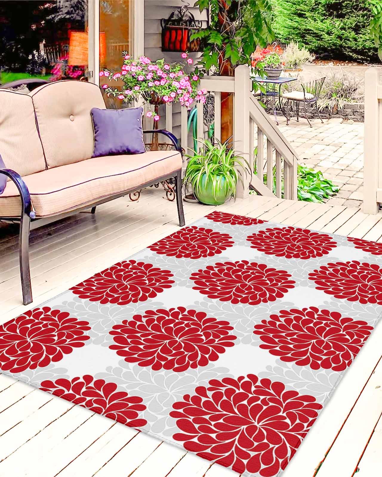 Outdoor Patio Rugs Hydrangea Flowers Outdoor Area Rug Red Grey Floral ...