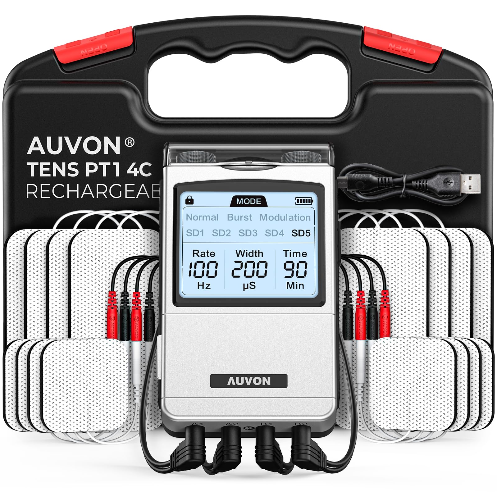 AUVON Rechargeable 4-Channel TENS Unit Muscle Stimulator for Back Pain ...