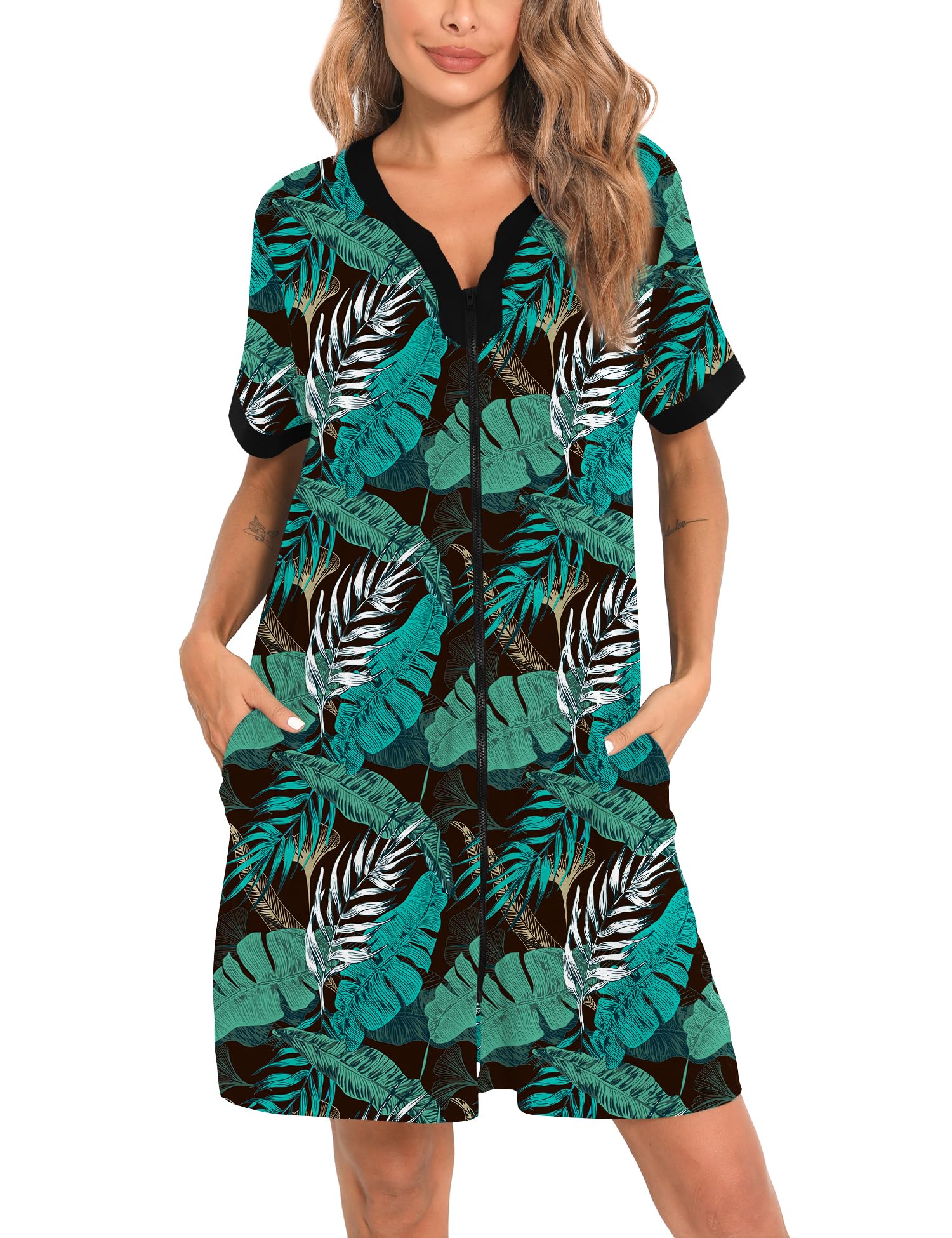 SWOMOG Women Zip Up Robes Short Sleeves Housecoat Bathrobe Knee Length ...