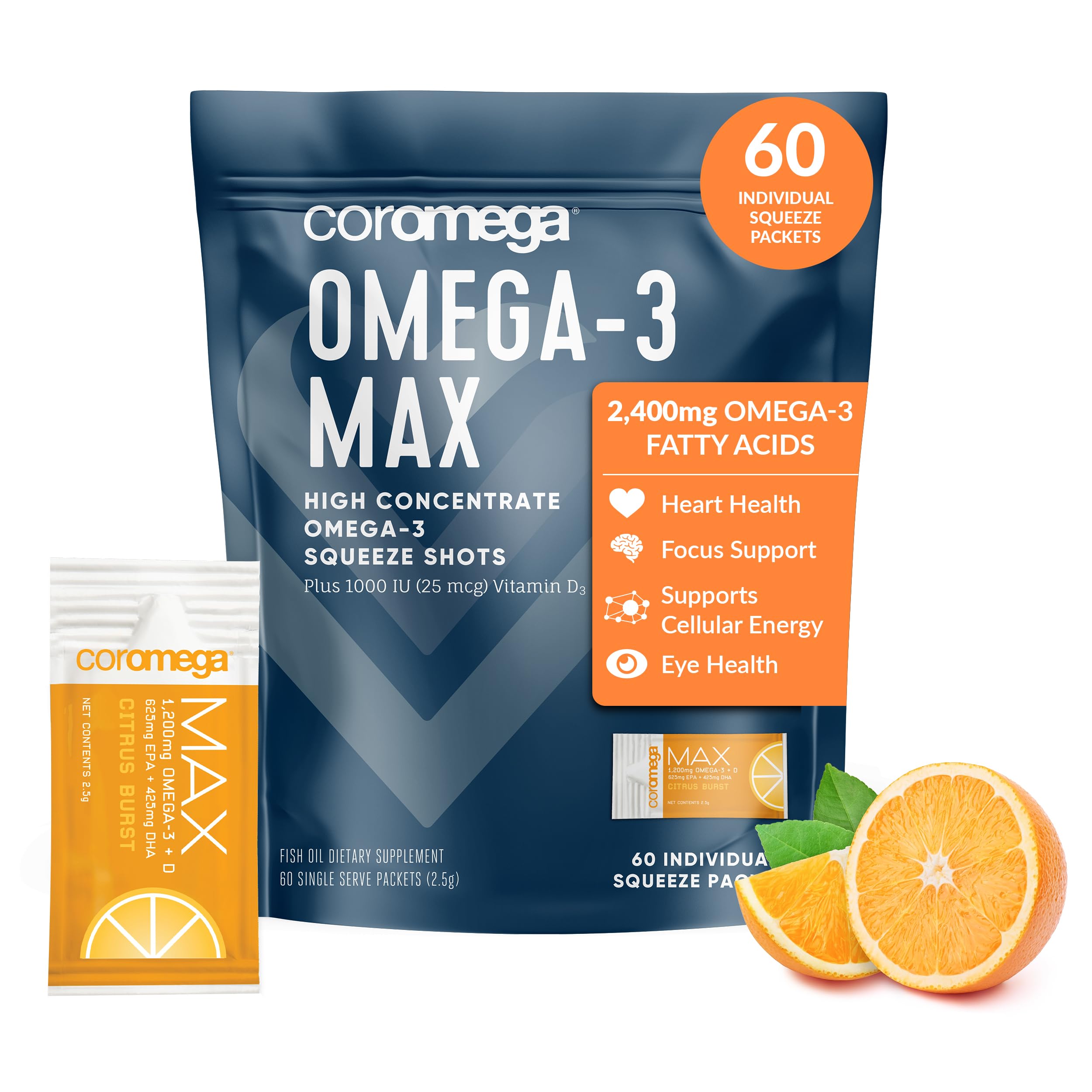 Coromega MAX 2400mg Omega-3 Fish Oil + Vitamin D Squeeze Packets, Wild ...