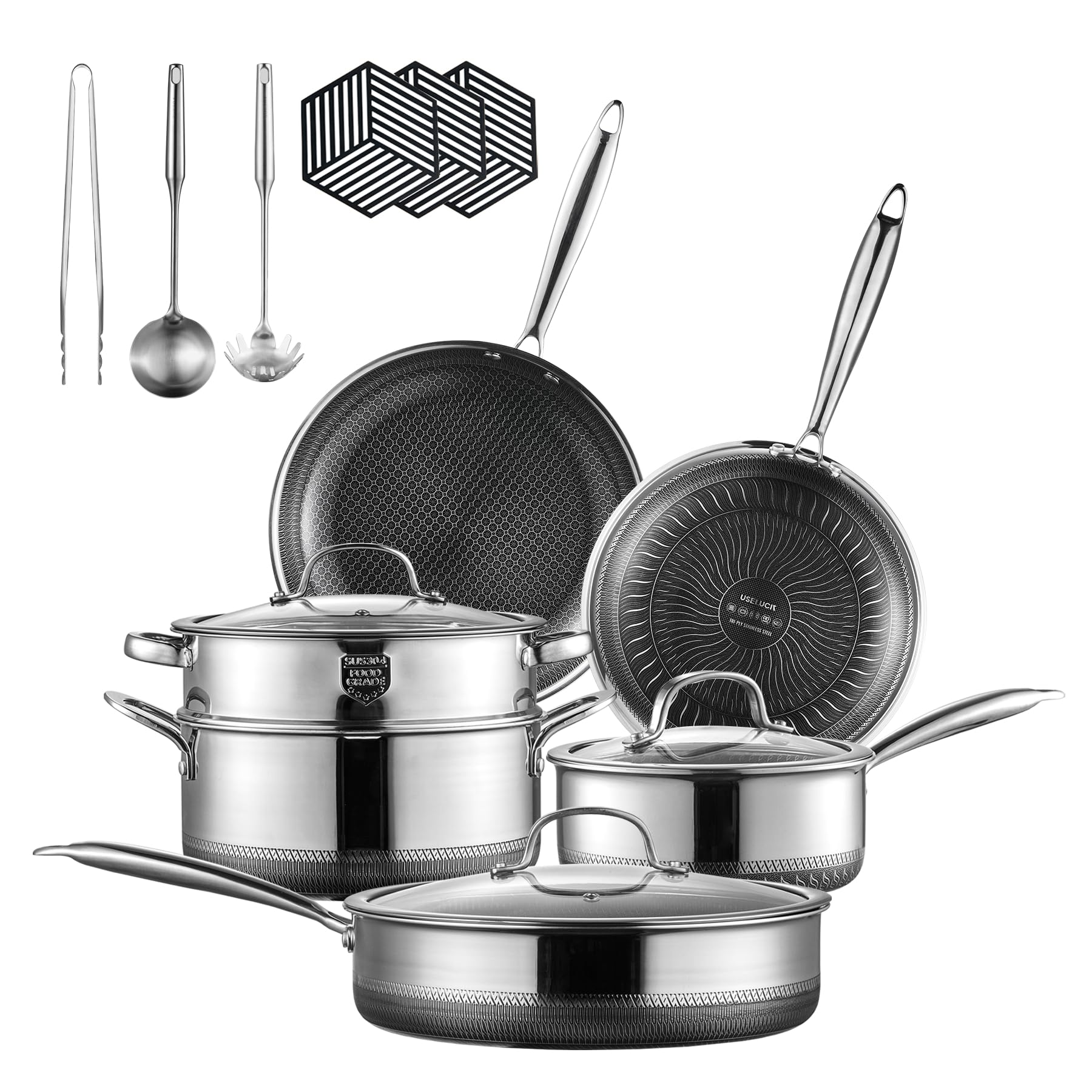 USELUCK Cookware Sets, 15 Piece Tri-play Non-stick Set Hybrid Frying ...