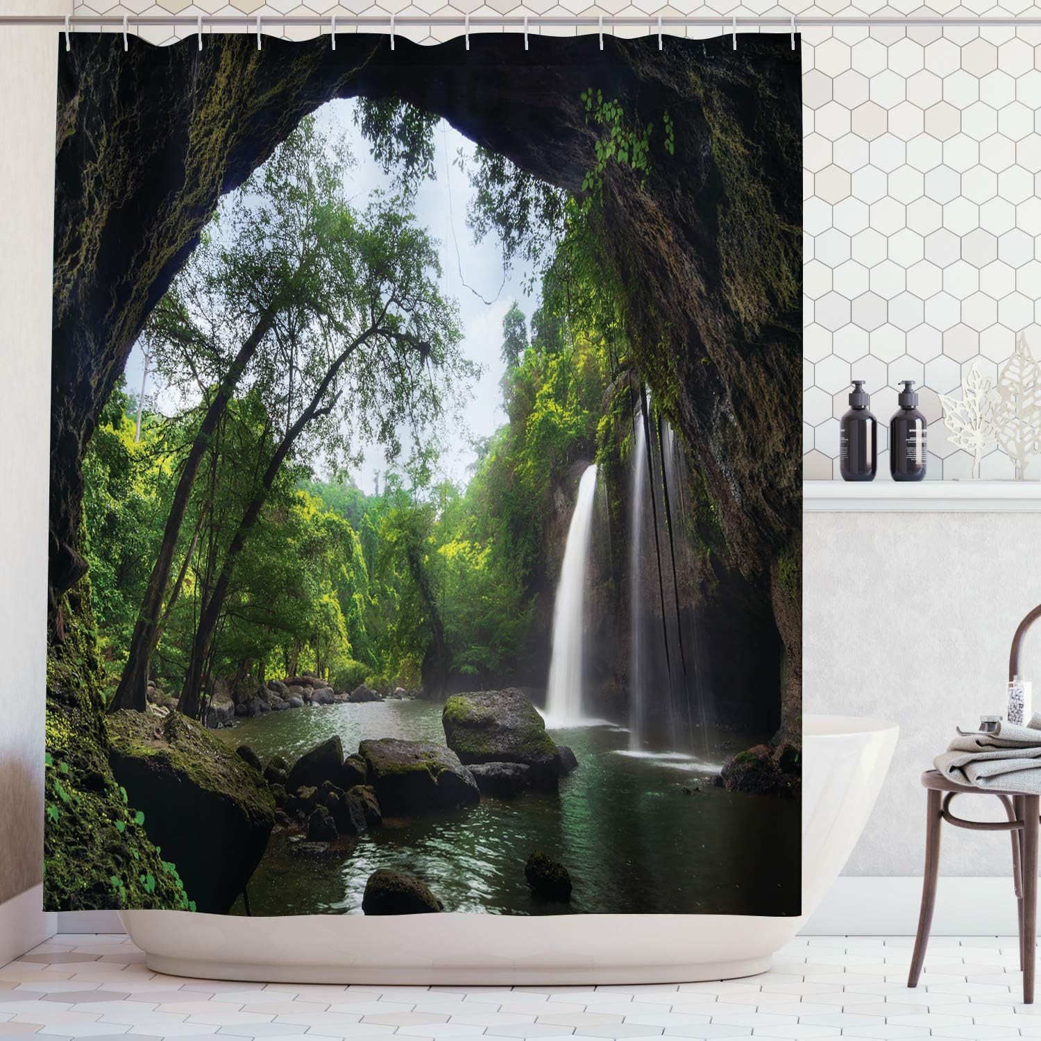 Ambsunny Mountain Cave Waterfall Forest Tree Shower Curtain Nature ...