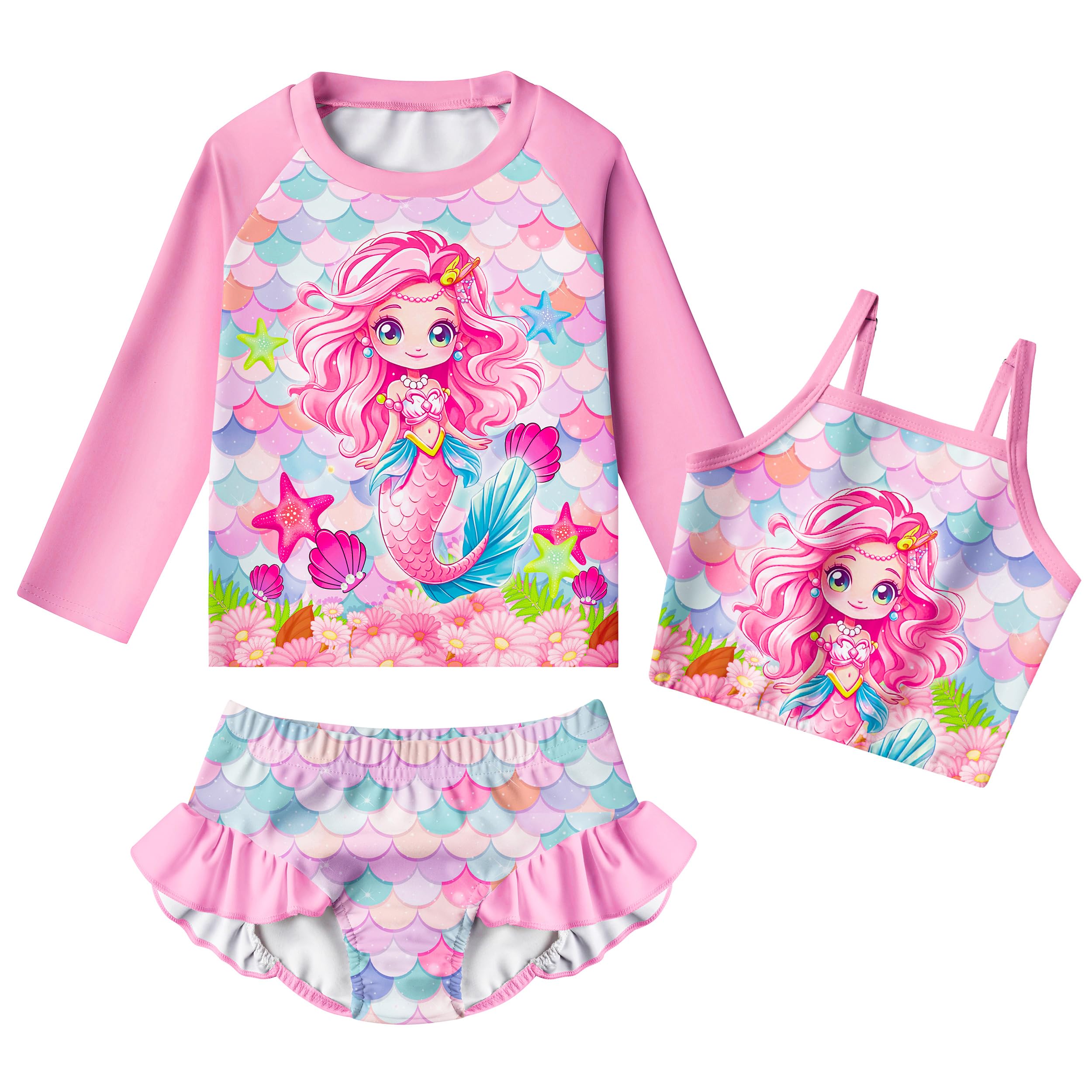 LQSZ Girls Rash Guard Sets Mermaid Princess Long Sleeves Swimsuit 3 ...
