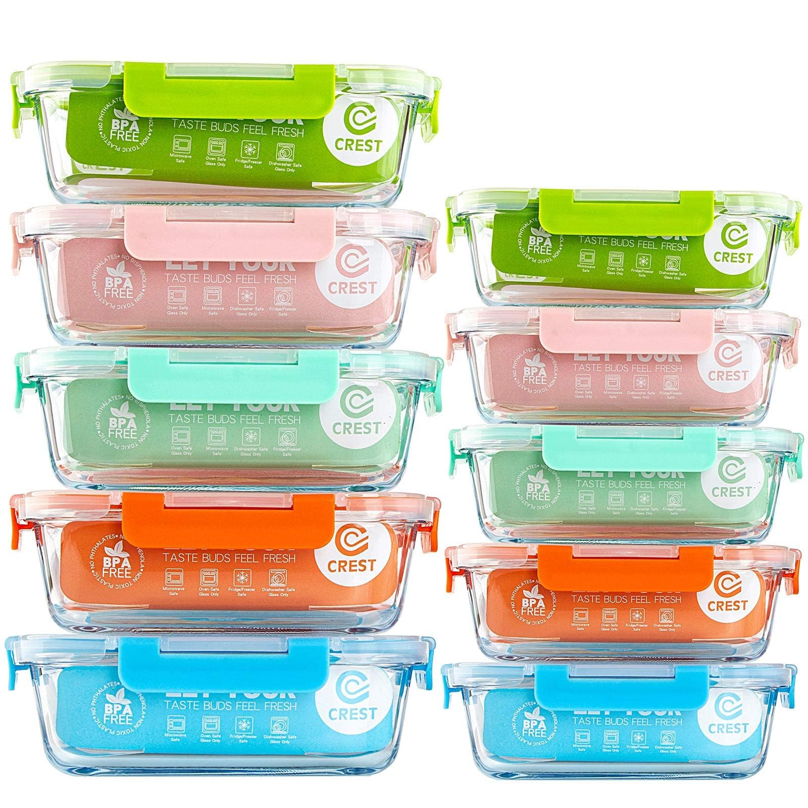 C CREST [10-Pack Glass Food Storage Containers (A Set of Five Colors ...