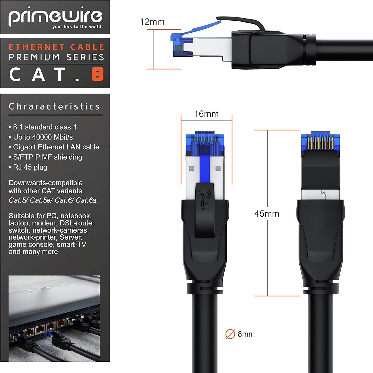 Primewire – 10m CAT 8 Ethernet Cable – 8.1 Standard Class 1 – Cat 8 ...