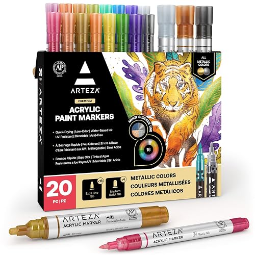 ARTEZA Metallic Acrylic Paint Markers – Set of 20 Paint Pens with ...