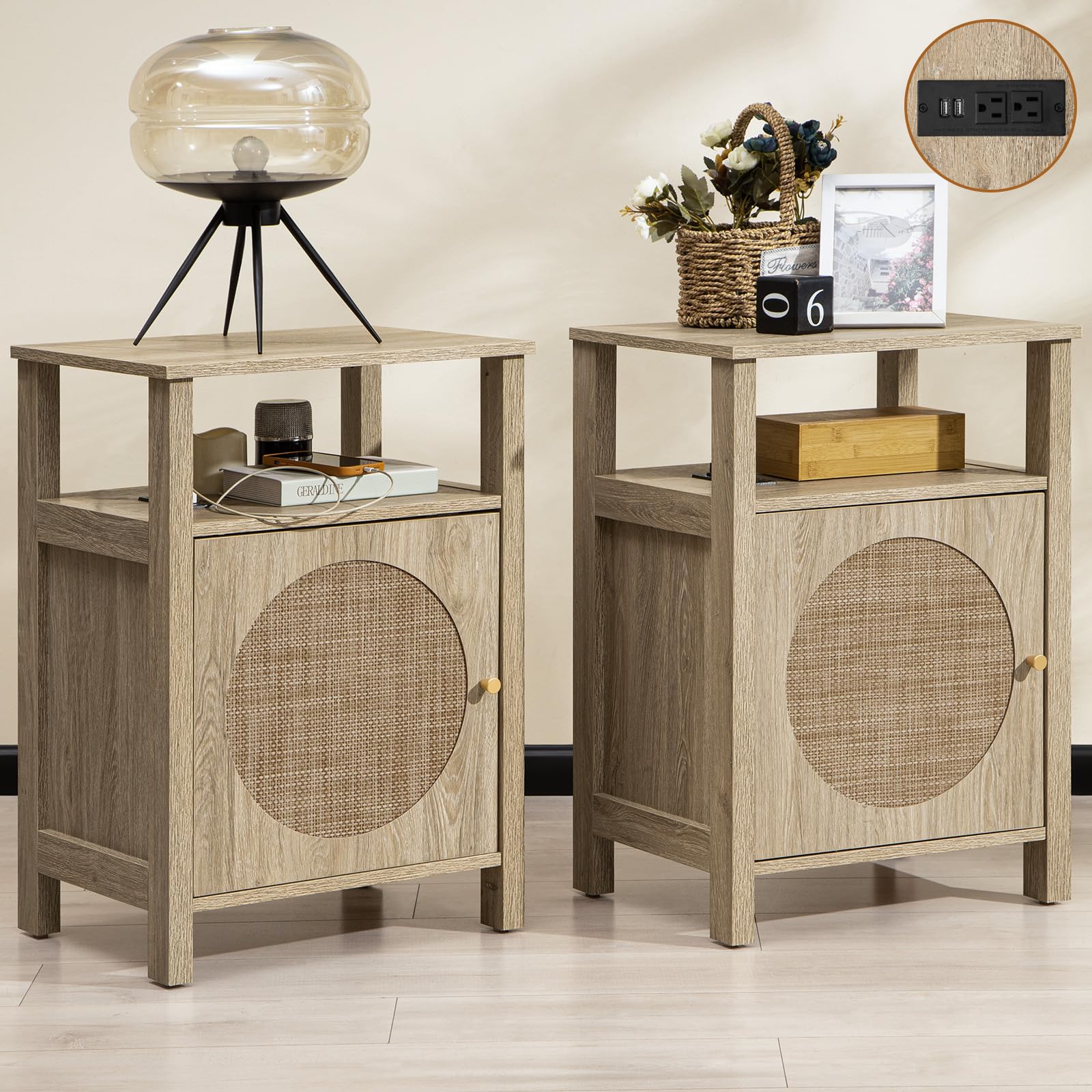 SICOTAS Rattan Nightstand Set of 2, Boho Tall Night Stand with Charging ...