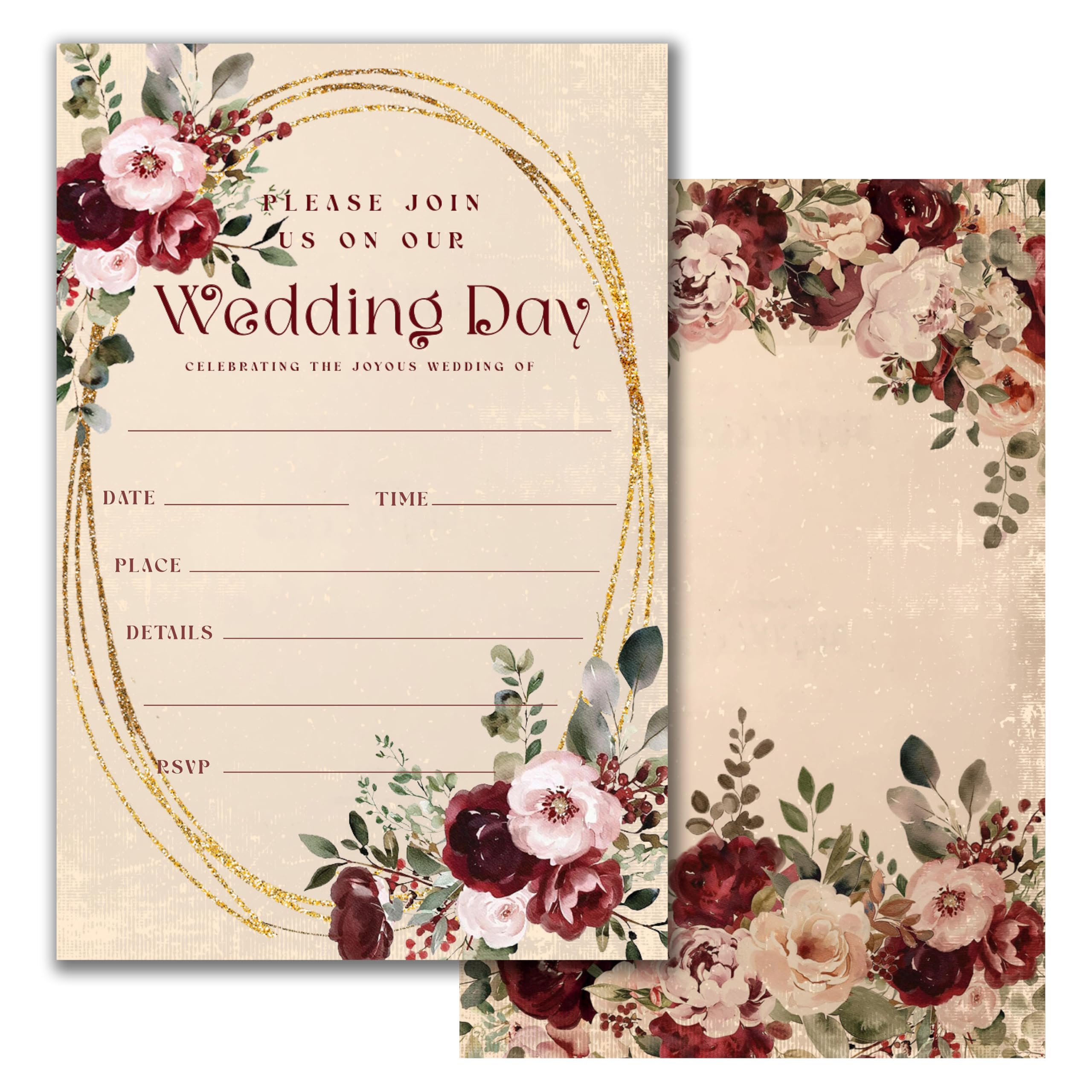 Burgundy Floral Wedding Invitations – 20 4x6 Inch Cards with Envelopes ...