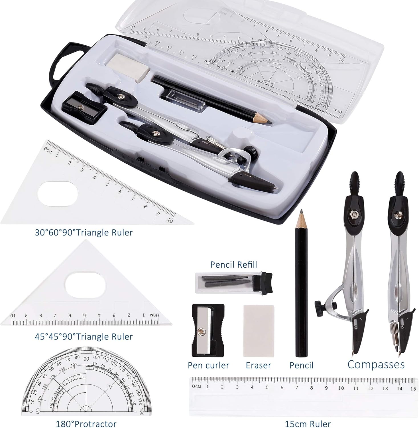 Math Kit, Geometry Compass Set School Maths Protractor Set Rulers for ...