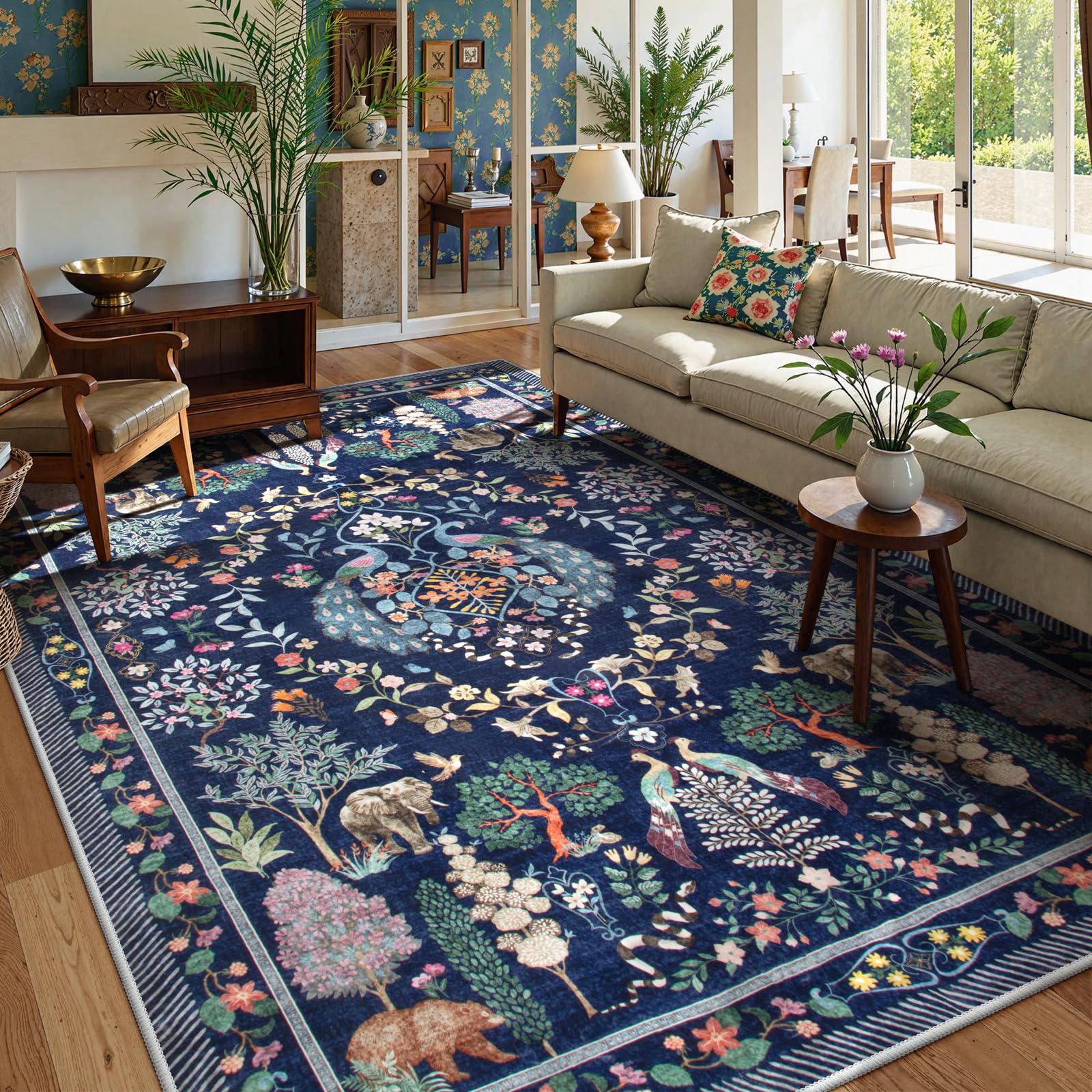 Moynesa Washable Area Rugs 5x7, Boho Blue Rugs for Living Room, Non ...