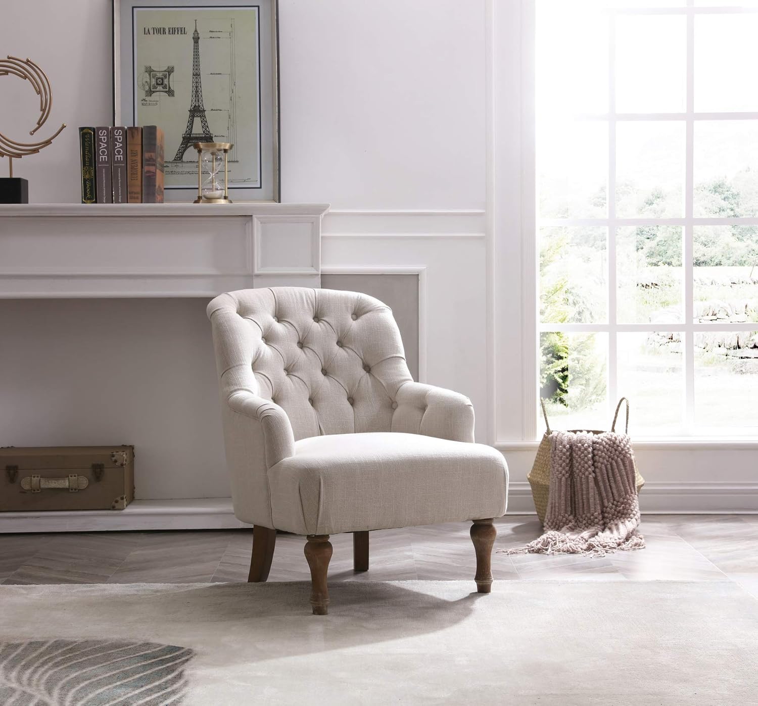 BFW Modern Accent Chair Cream Fabric Armchair Wooden Legs, 66cm x 75cm ...