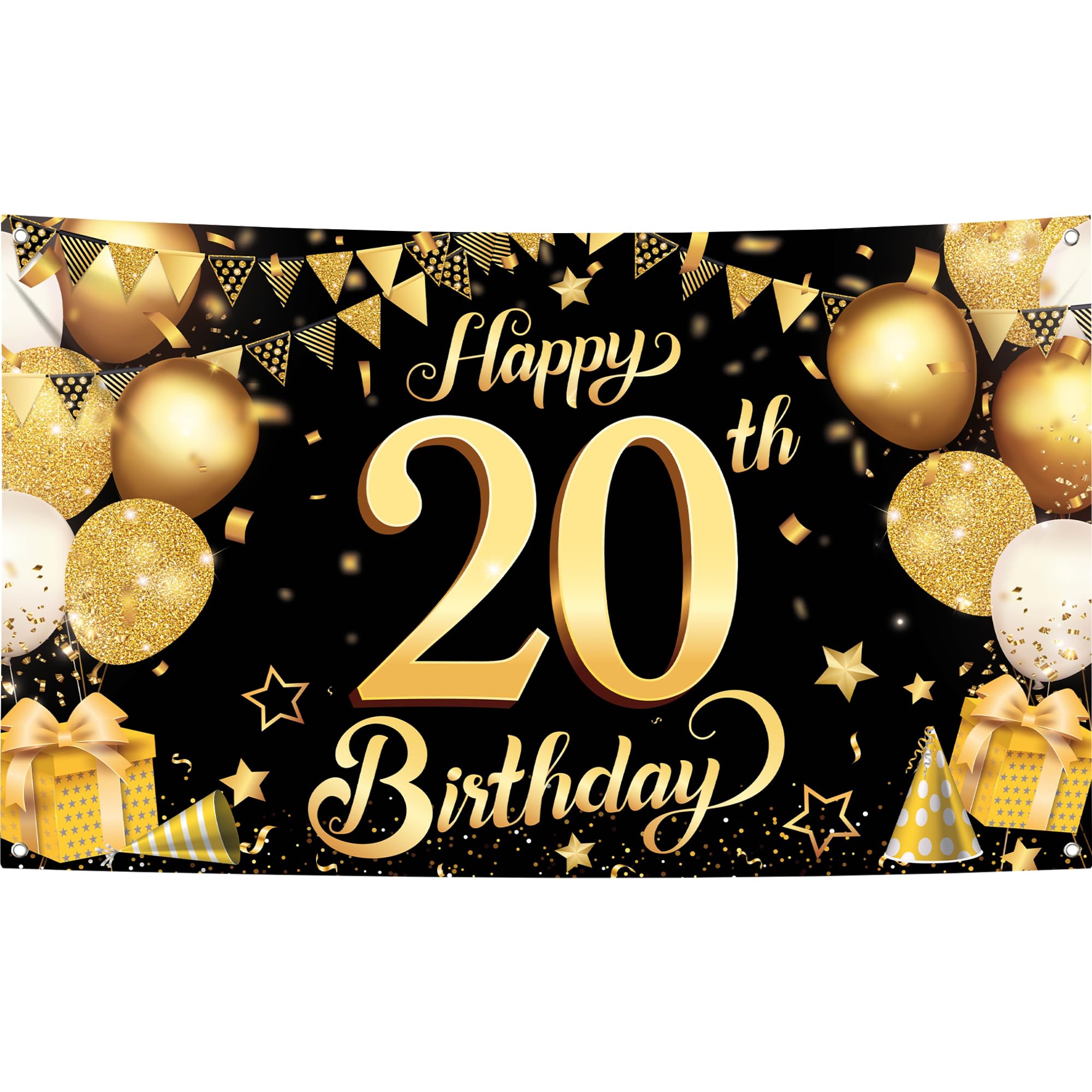 KatchOn, Black and Gold Happy 20th Birthday Banner - Large, 72x44 Inch ...