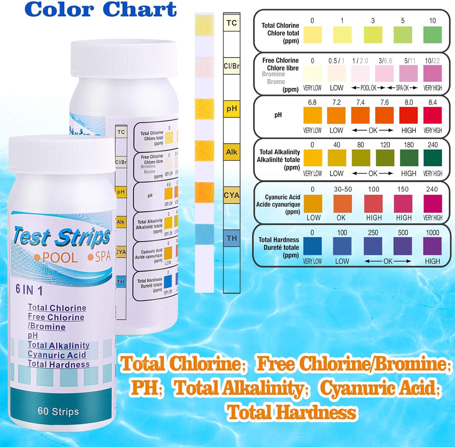 ADXCO 60 Pieces Water Test Strips, 6 in 1 Pool and Spa Dipping Test ...
