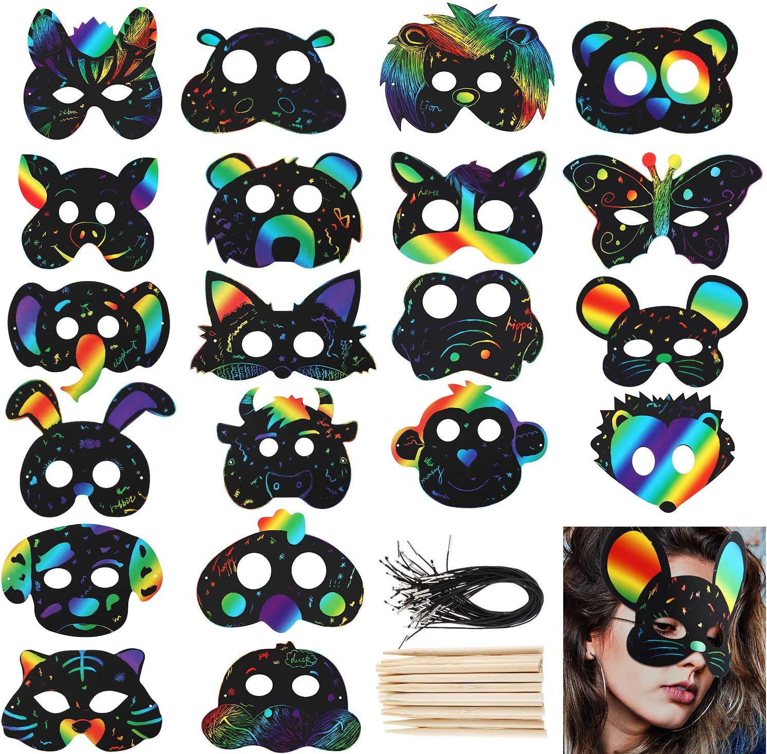 Gejoy 40 Sets Scratch Paper Animal Masks Colorful Scratch Mask with ...