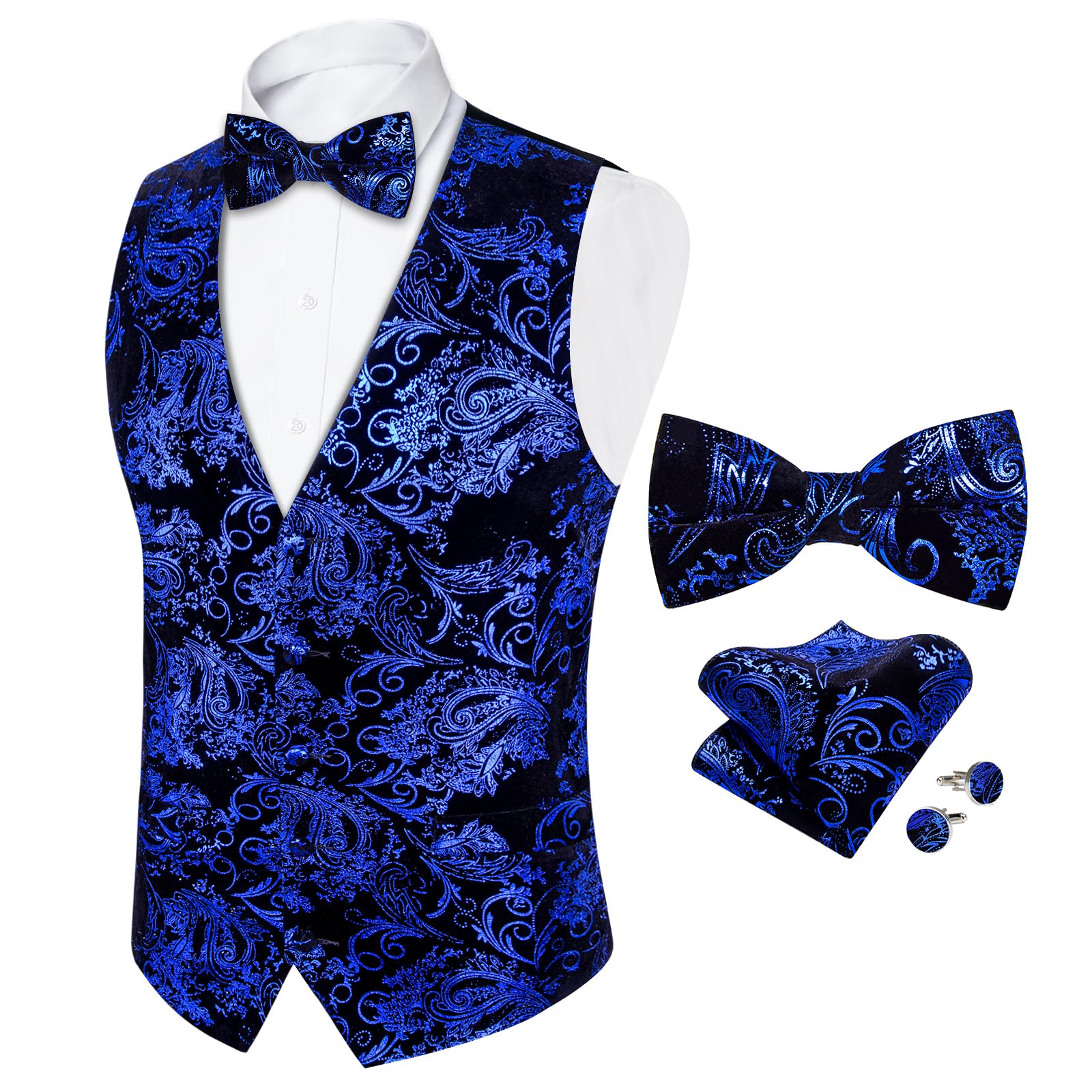 DiBanGu Black and Royal Blue Velvet Vest for Men Hot Stamping Paisley ...