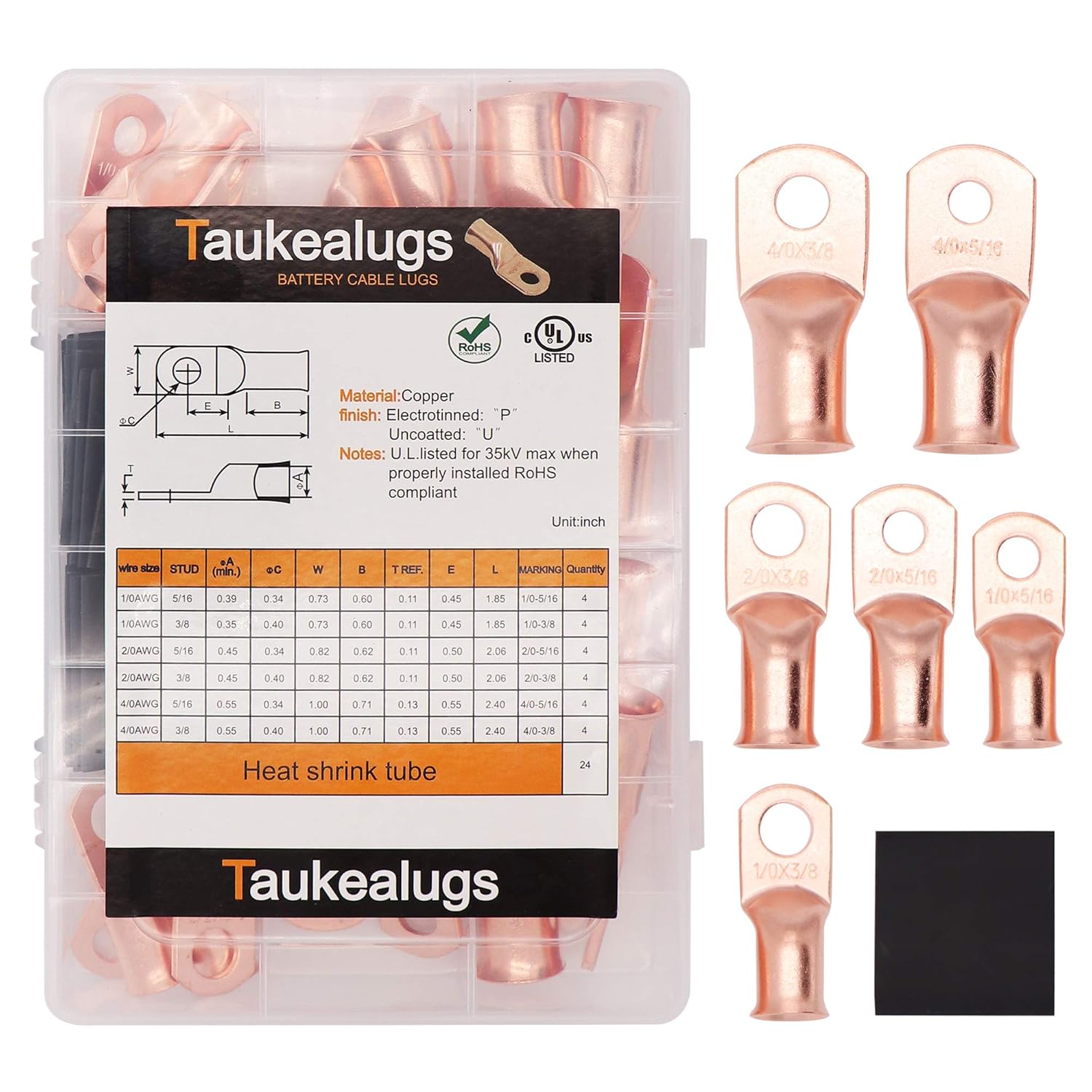 12 PCS 1/0 AWG 0 Gauge Copper Ring Terminal 3/8 Hole Lug 12 PCS 1/0 AWG ...