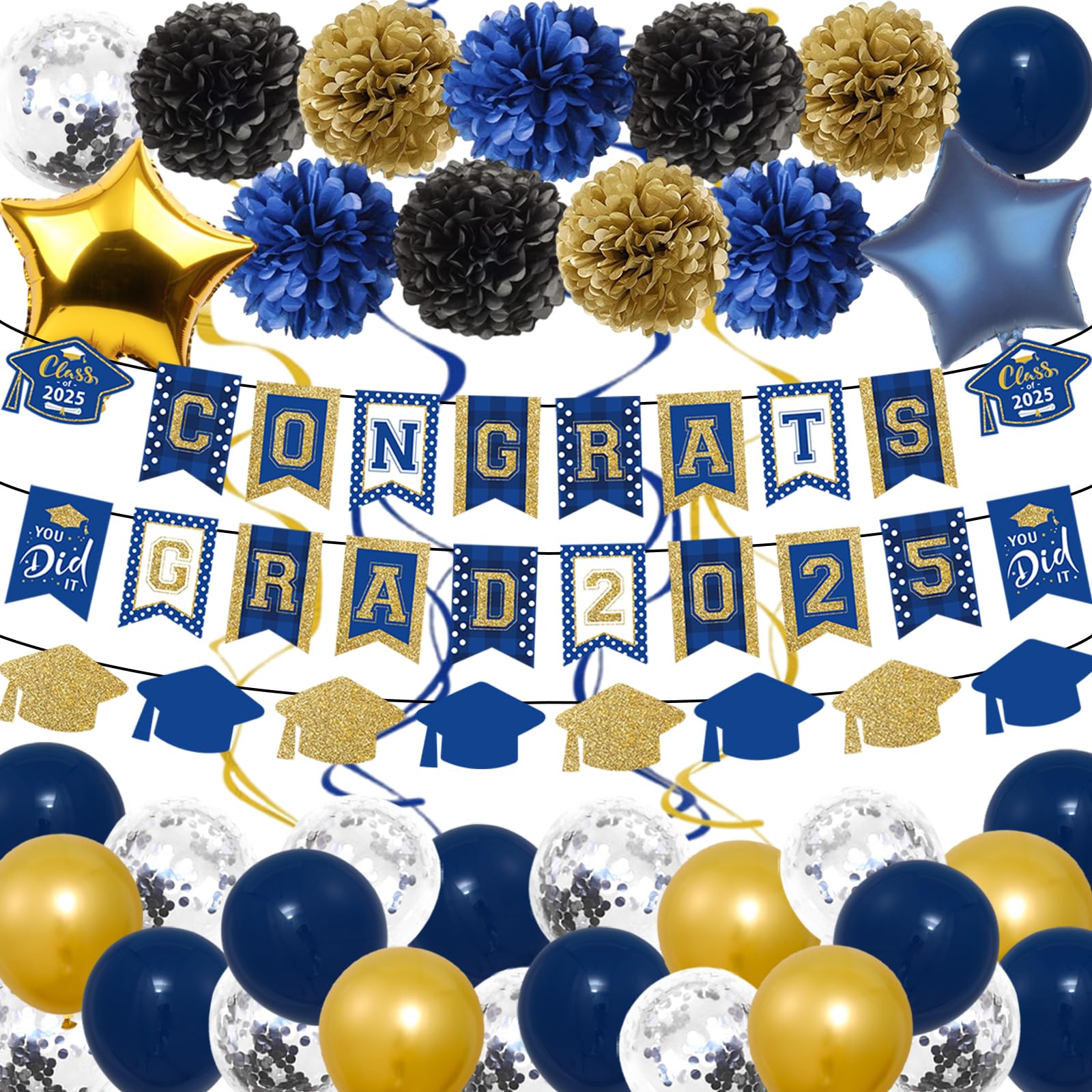 Blue Gold Graduation Decorations 2025 - Congrats Grad Banners, Paper ...