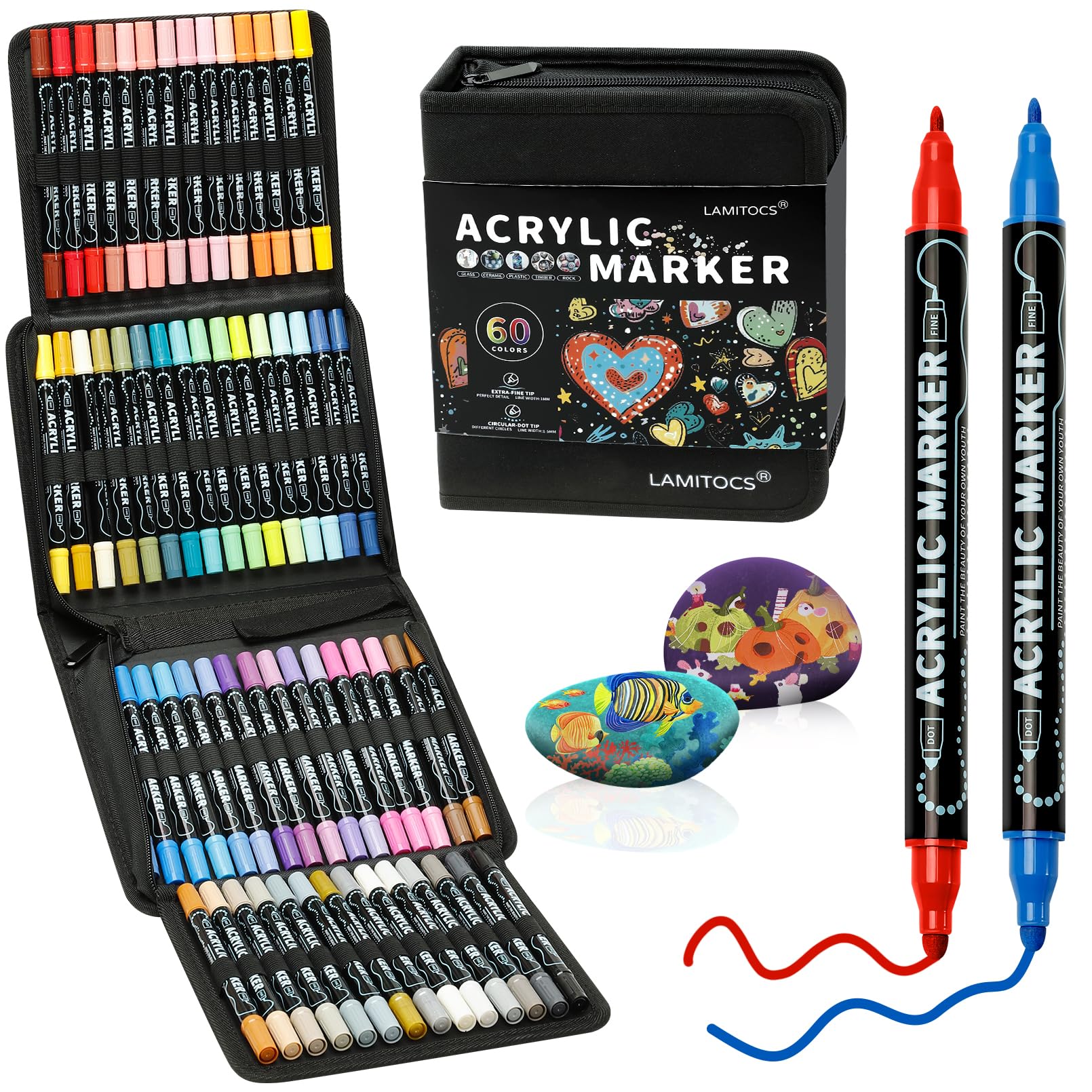 Lamitocs Acrylic Paint Pens Acrylic Paint Markers,60 Colours Fine & Dot ...