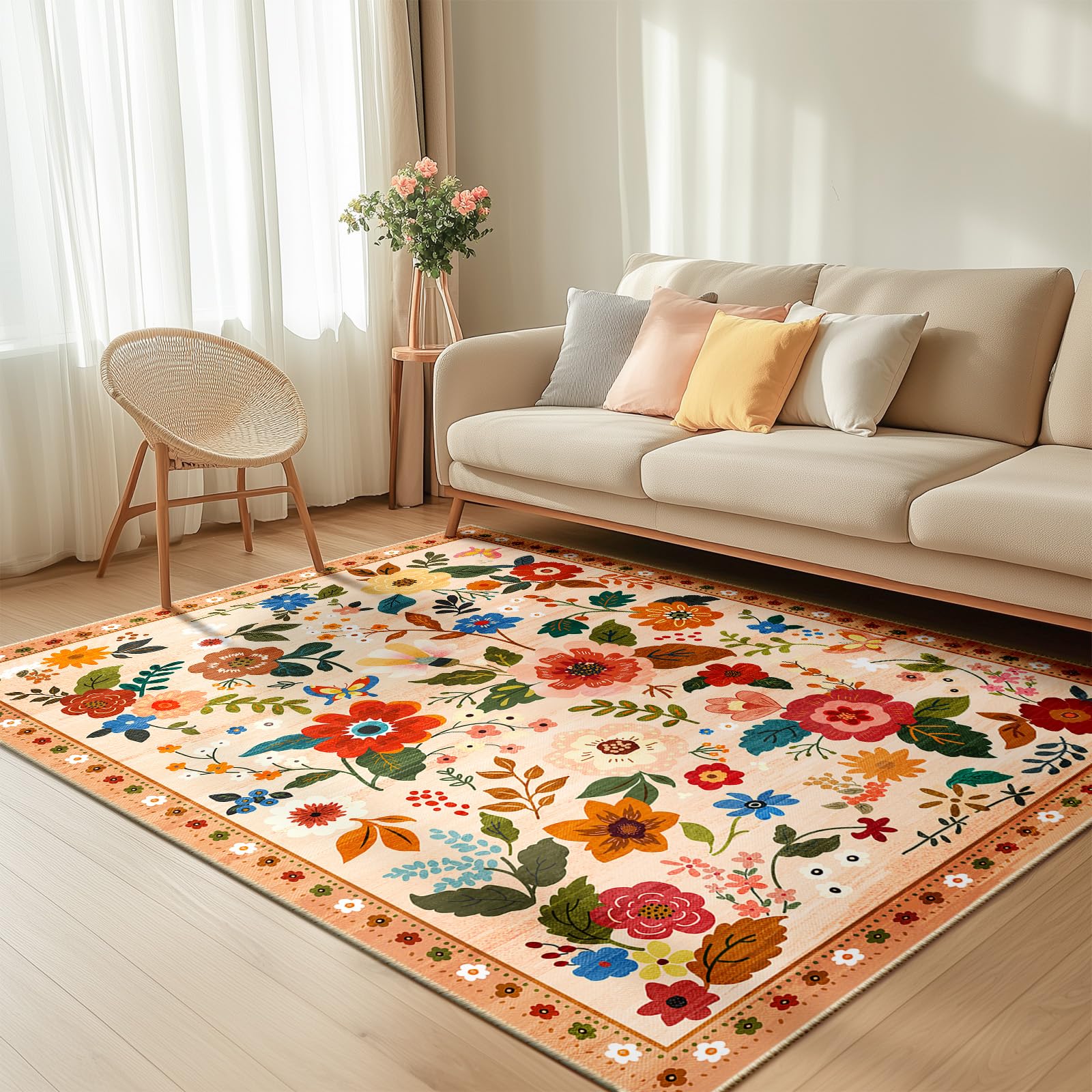 RELEANY Floral 3x5 Area Rug Machine Washable Boho Carpet Non Slip ...