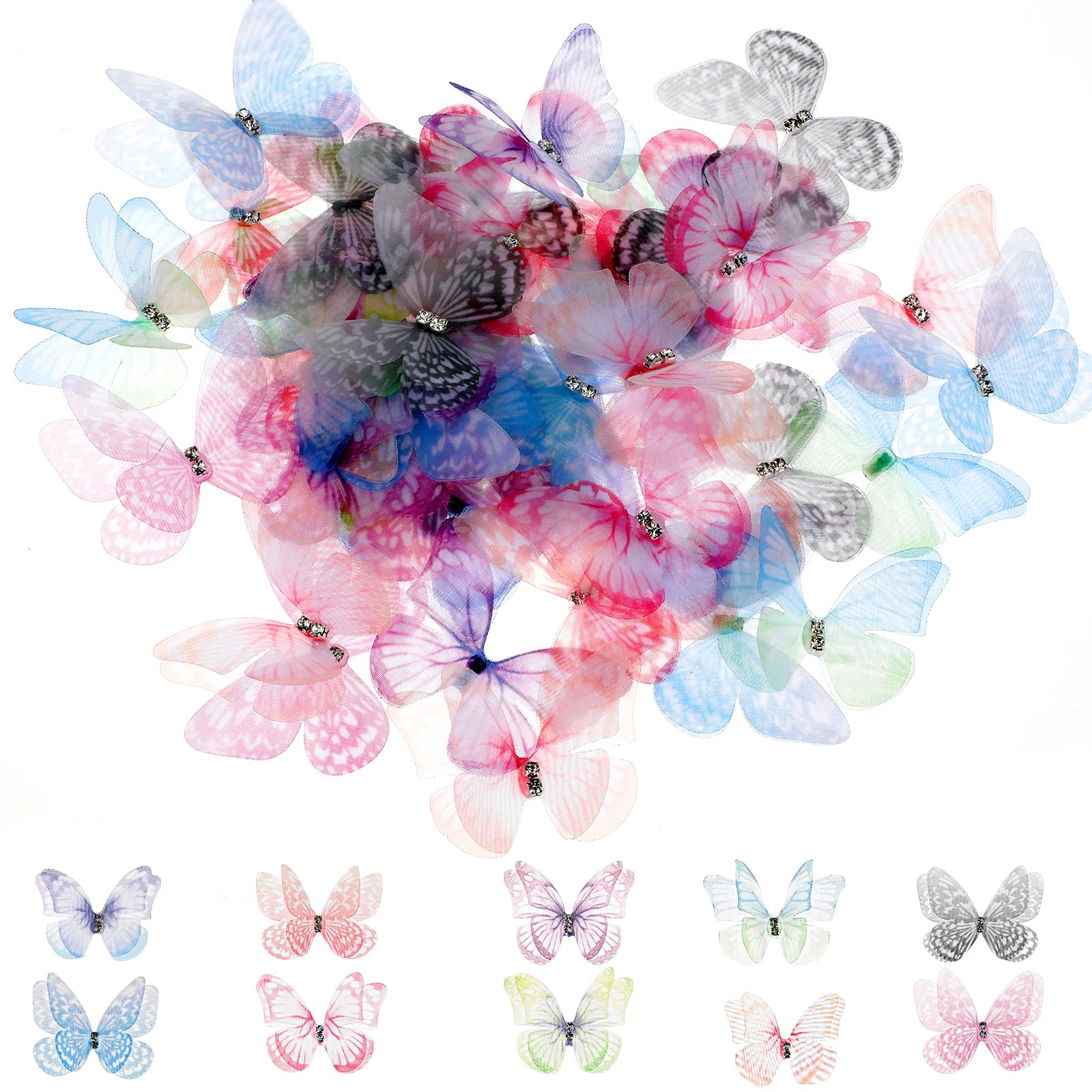 60 Pcs Butterflies for Crafts, Organza Fabric Butterfly Appliques ...