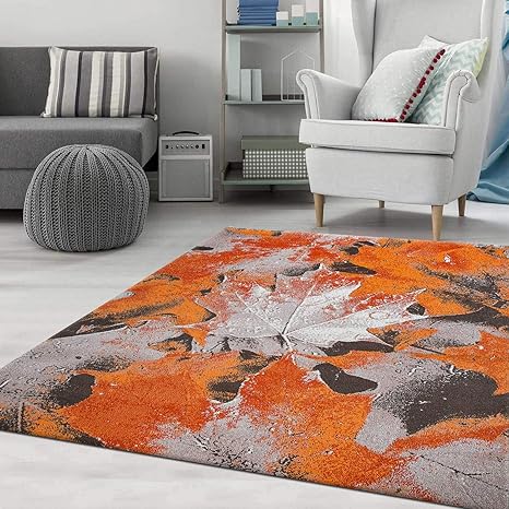 VIMODA Livingroom Rug Autumn Leaves Pattern Orange Rug Brown White ...