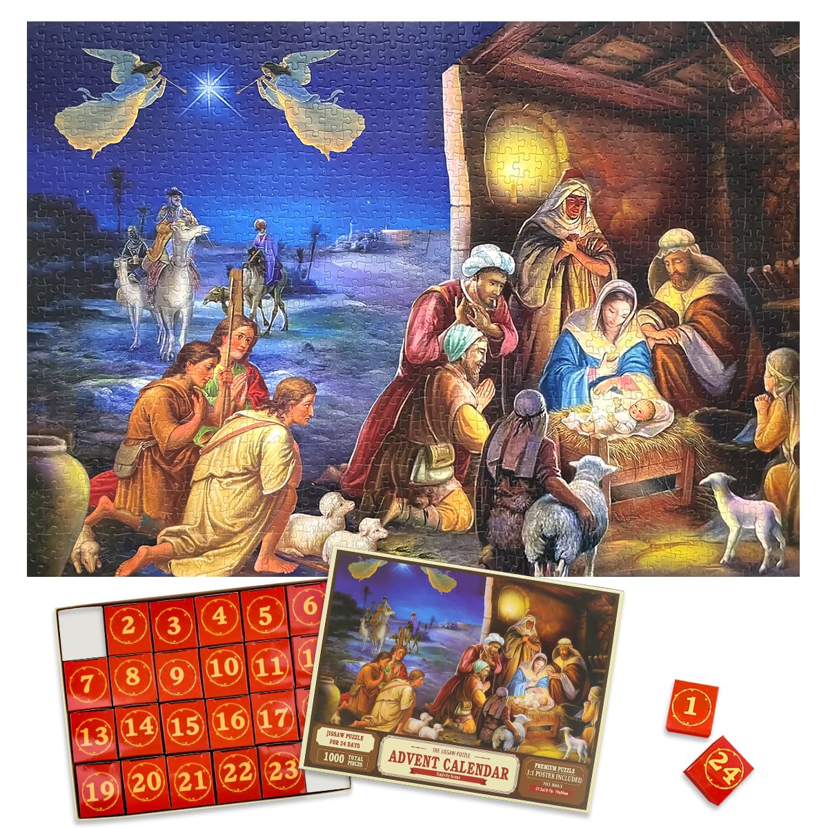 Christmas Advent Calendar 2024 Puzzles with 1:1 Reference Poster - 1000 Pieces Nativity Jigsaw ...