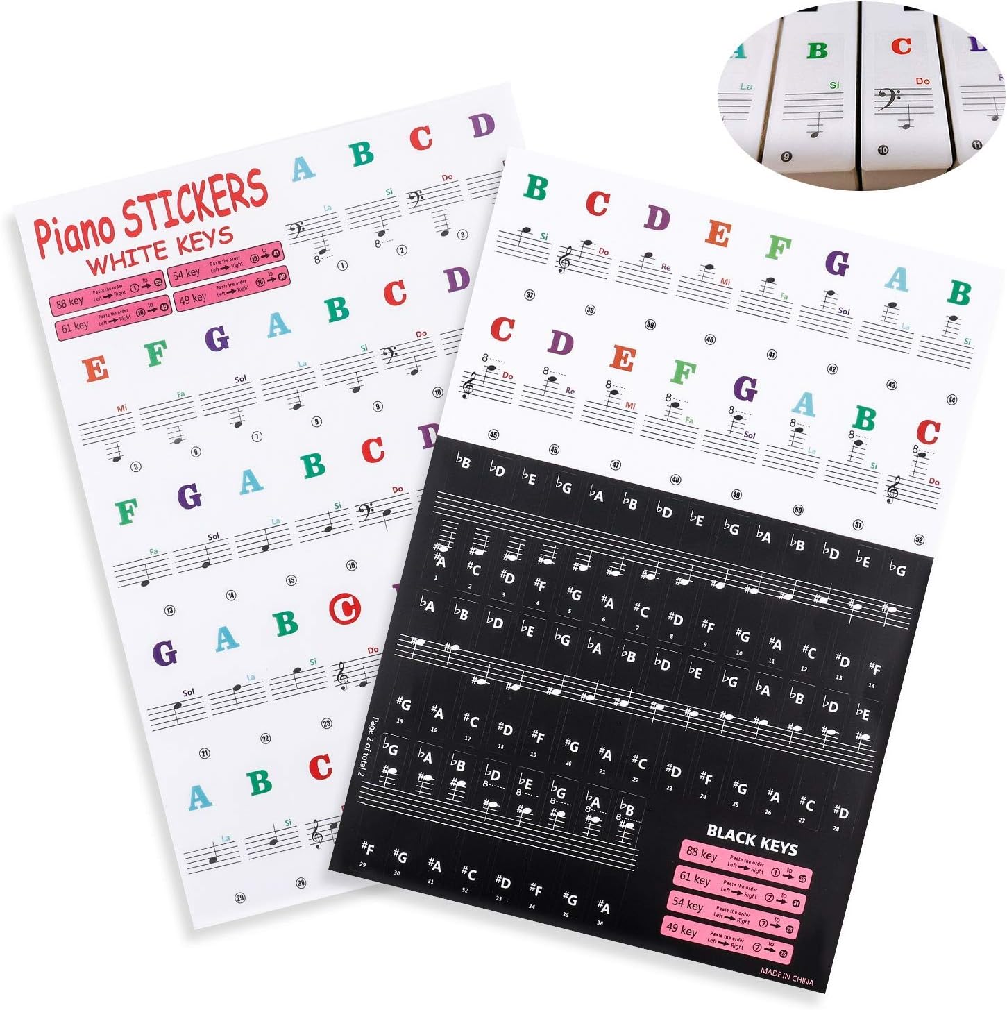 AMOLEY Piano Stickers for 88/61/54/49 Keyboards, 4 Sheets Removable ...