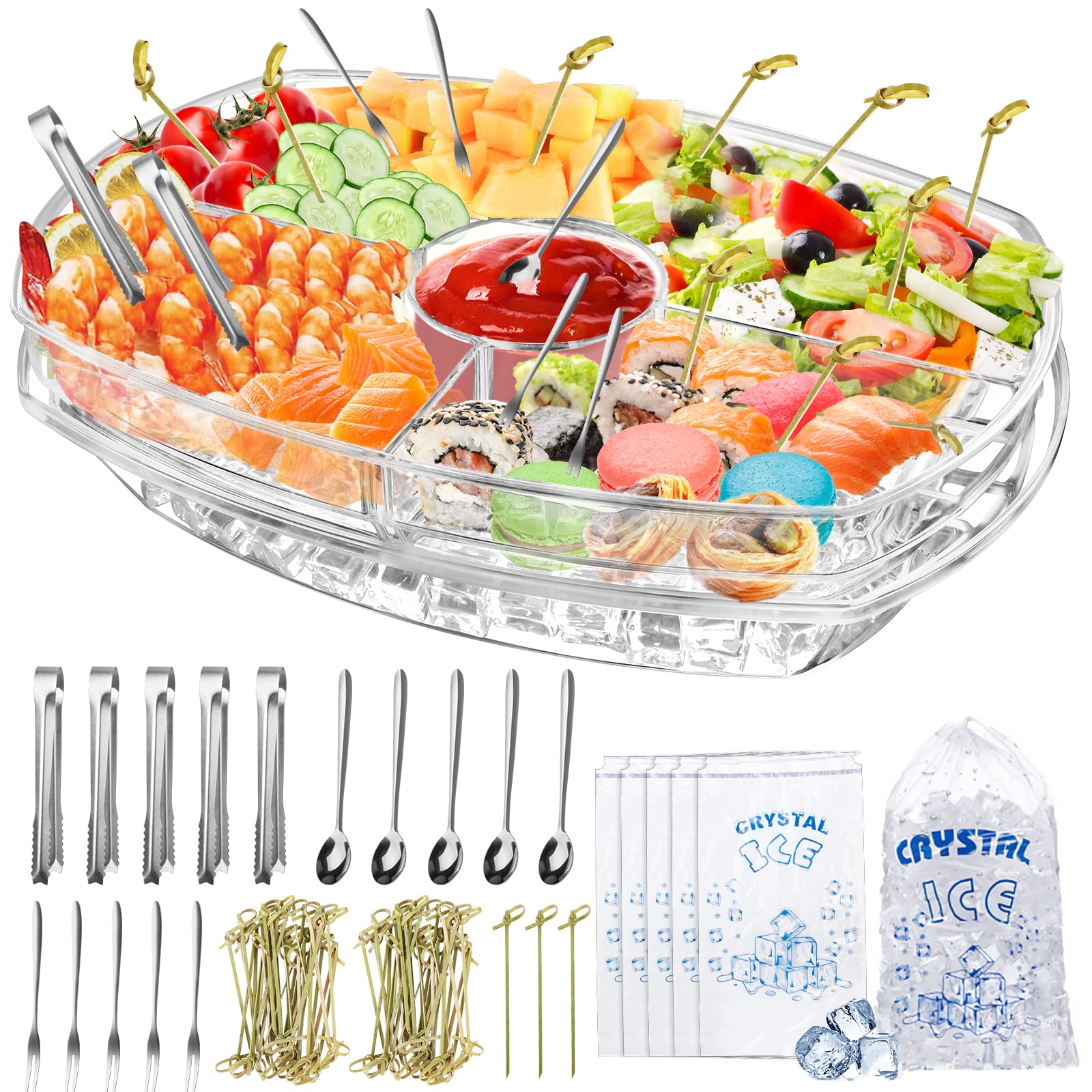 Chilled Serving Tray, 15" Clear Plastic Party Platter with 4 ...