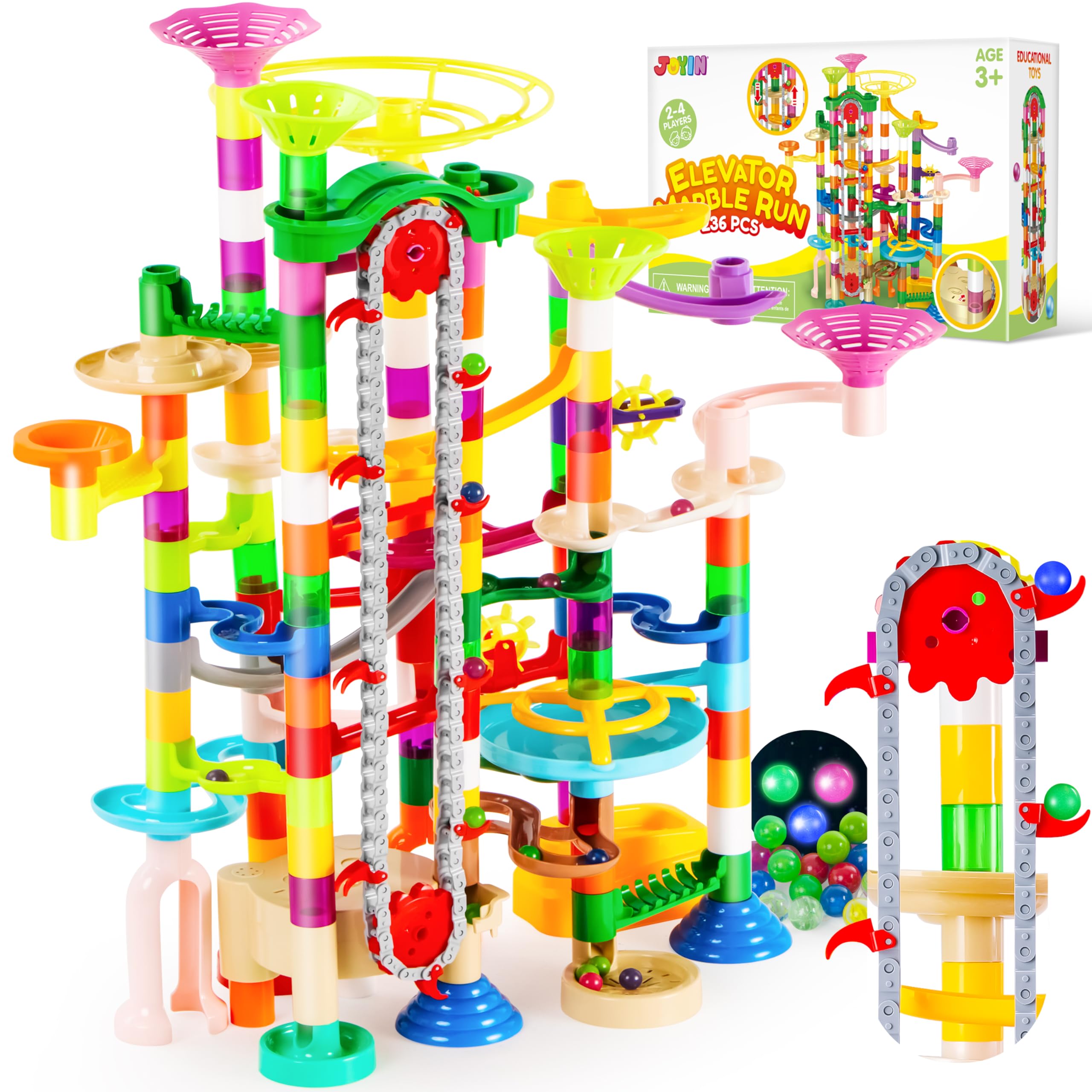 JOYIN 236Pcs Glowing Marble Run With Motorized Elevator Construction