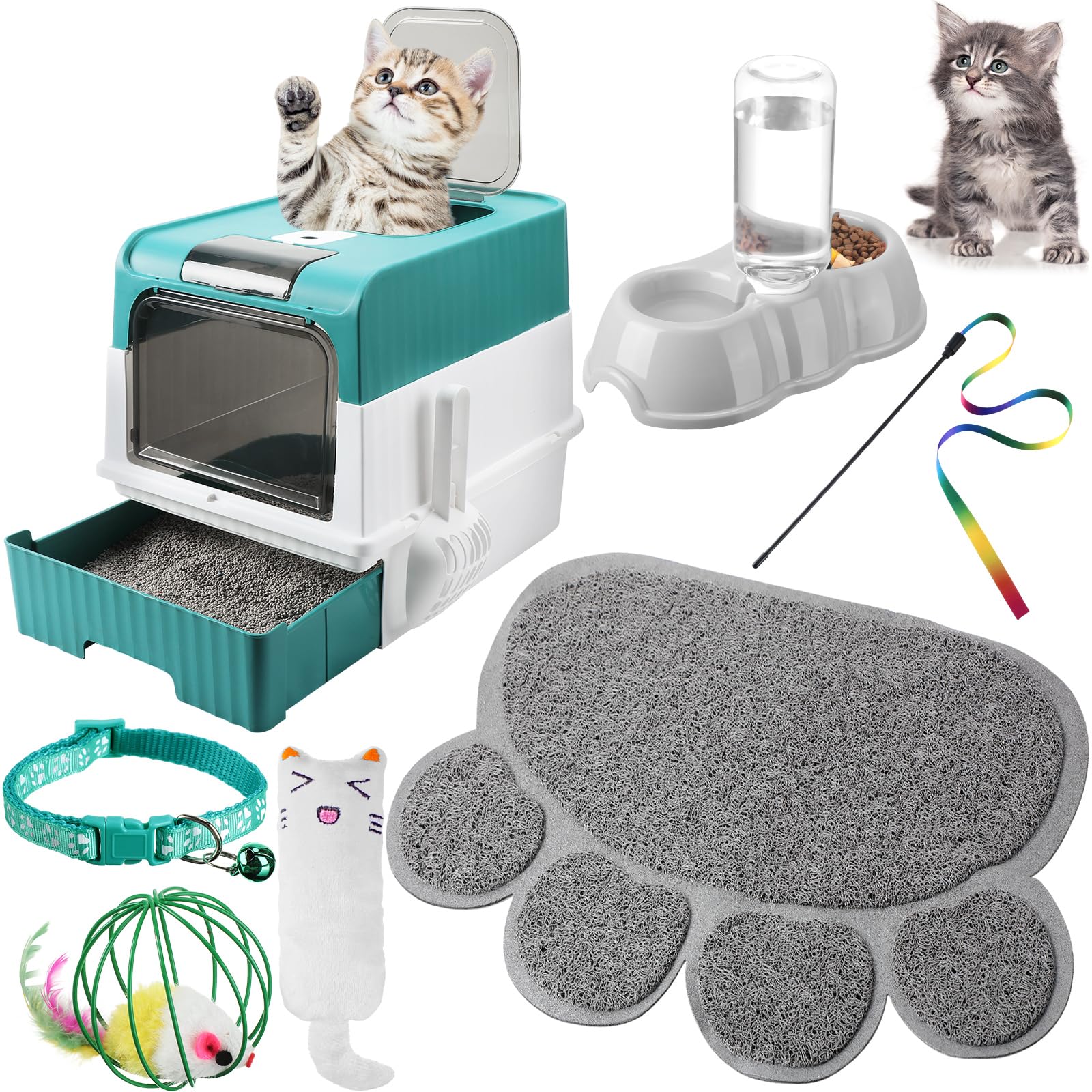Tioncy 7 Pcs Small Cat Kitten Starter Kit Cat Litter Box with Shovel ...