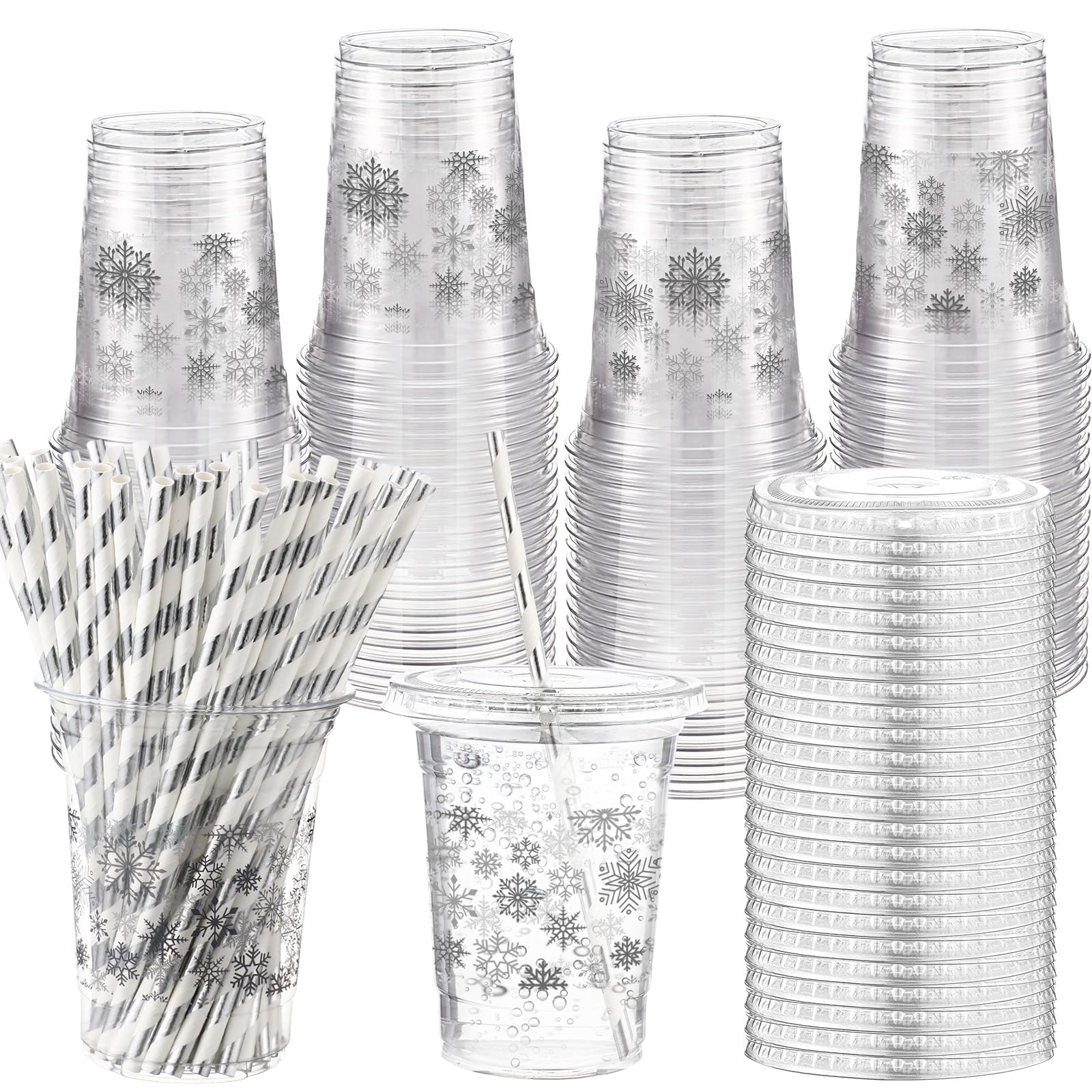 Shellwei 50 Set 16 oz Winter Snowflakes Plastic Cups with Lids and ...