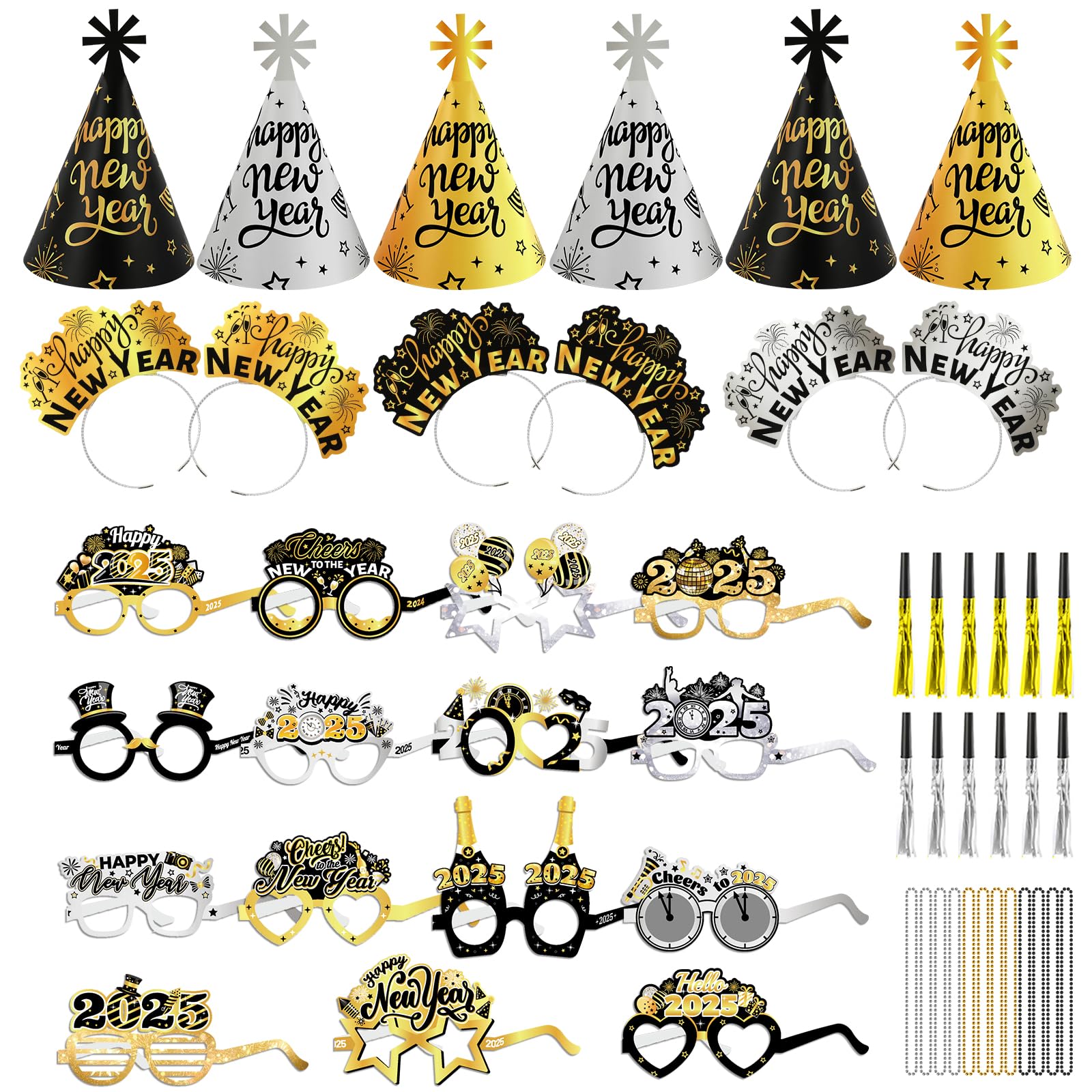 HOWAF Happy New Year Party Favors Set, 51 Pieces New Year Black Gold ...