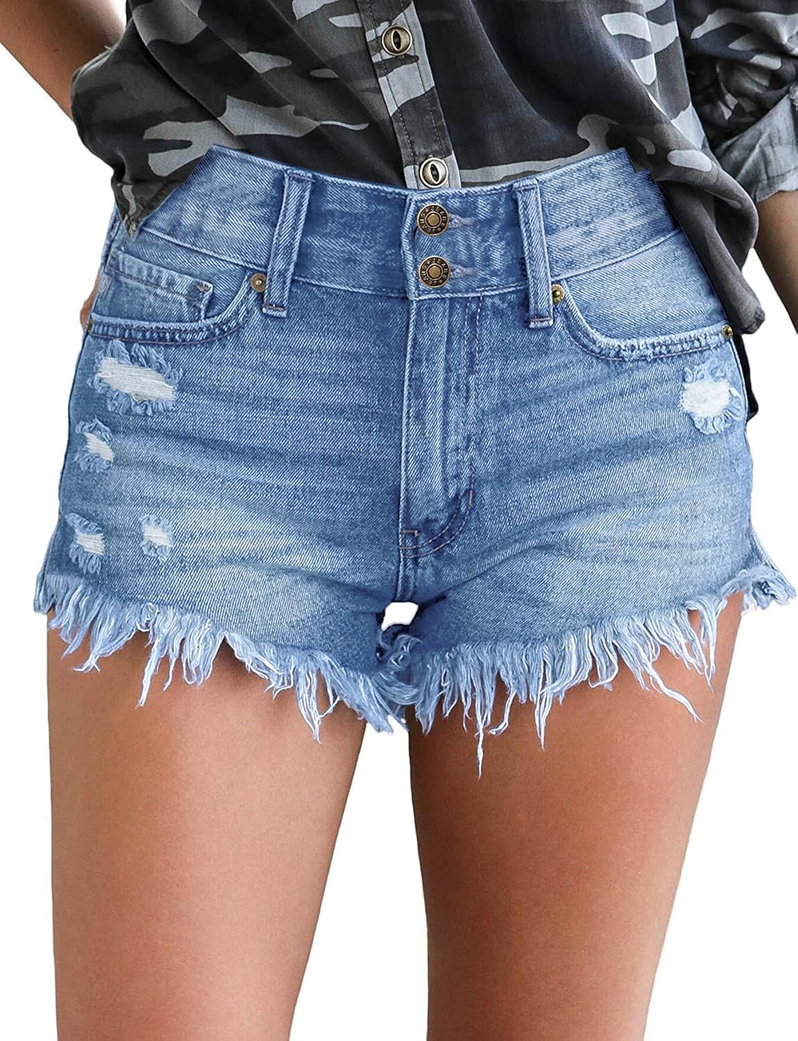 Uqnaivs Pantalones cortos de talle alto para mujer rasgado lavado ...