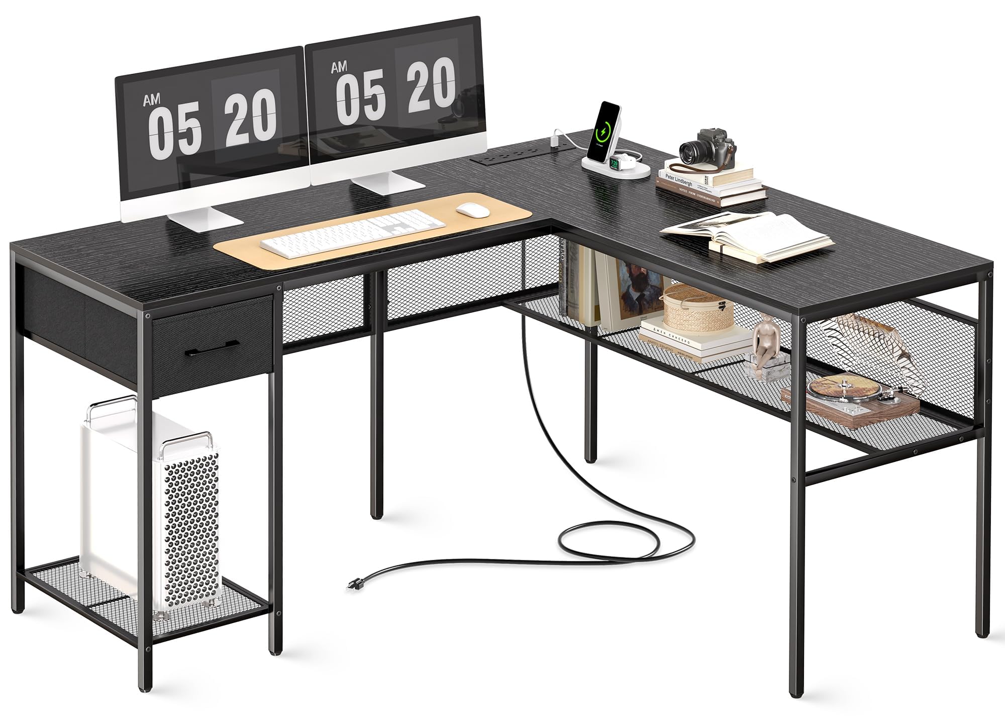 SUPERJARE L Shaped Desk with Power Outlets, Computer Desk with Drawer ...