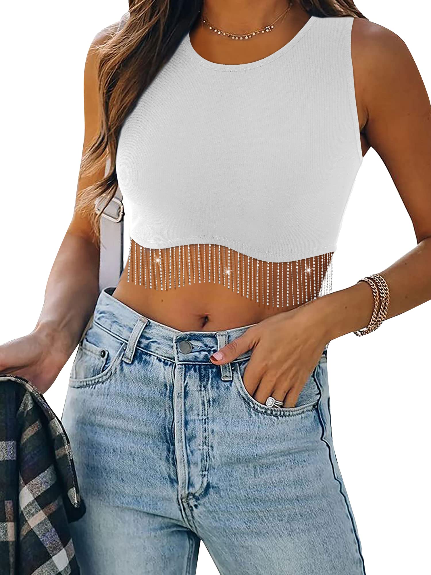 Womens Nashville Sparkly Rhinestone Fringe Sleeveless Crop Tops Y2K ...