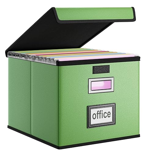 Huolewa File Organizer Box with Lid, Collapsible Faux Leather Document ...