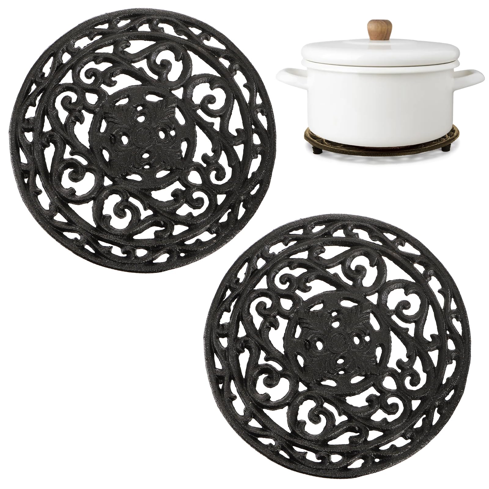 Nagpew 2 Pack Cast Iron Trivet, 8 Inch Round Metal Trivets with Rubber ...