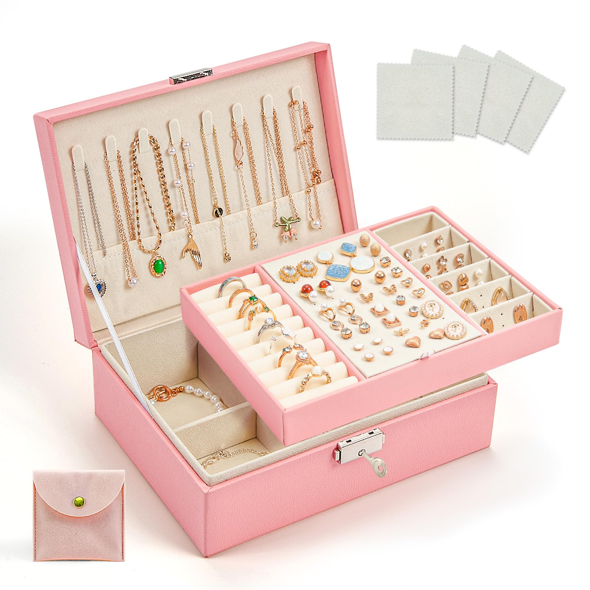 DreamGenius Jewelry Box for Women with Security Latch, 2-Layer Jewelry ...