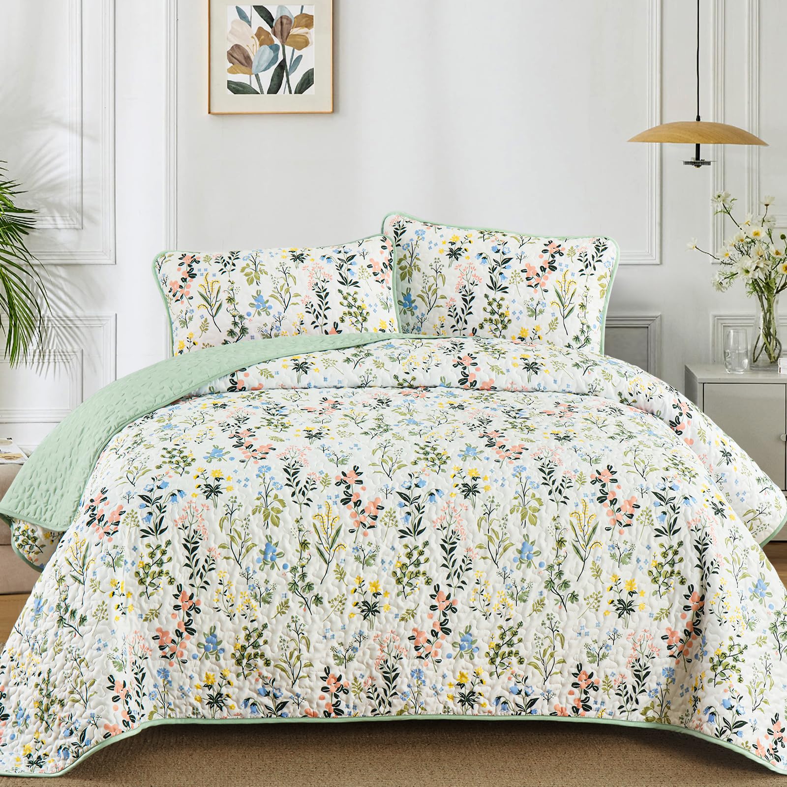Anibedding Floral Quilt Set Full Size,3 Pieces Flower Parrten Bedspread ...