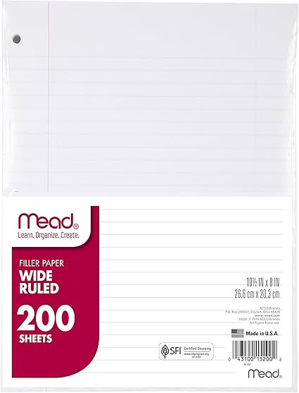 Amazon.com: Mead Filler Paper, Loose Leaf Paper, Wide Ruled Paper, 200 ...