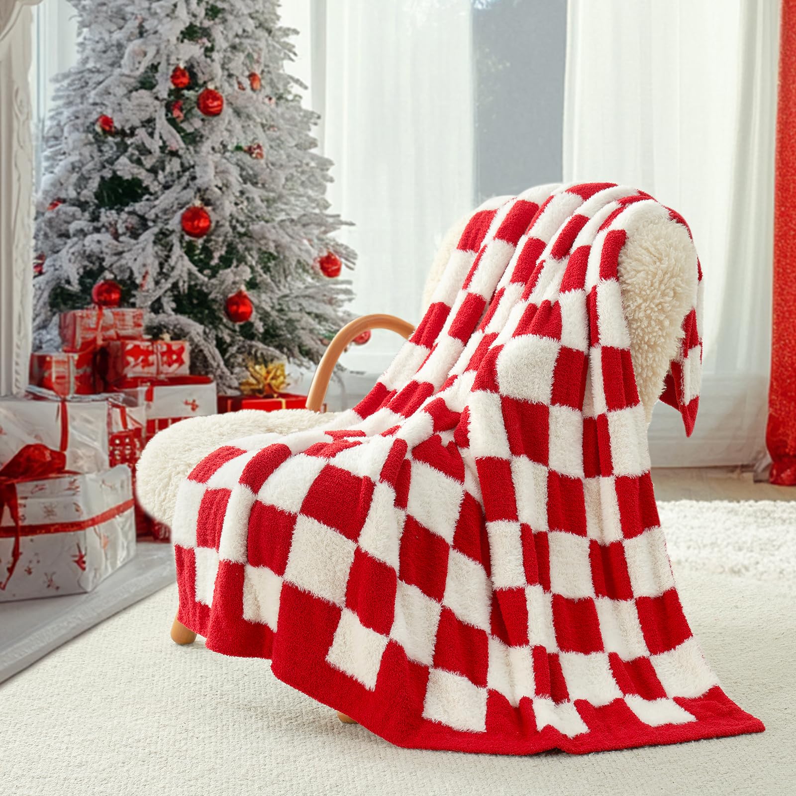 Snuggle Sac Red Checkered Christmas Blanket, Fluffy Faux Fur Ultra Soft ...