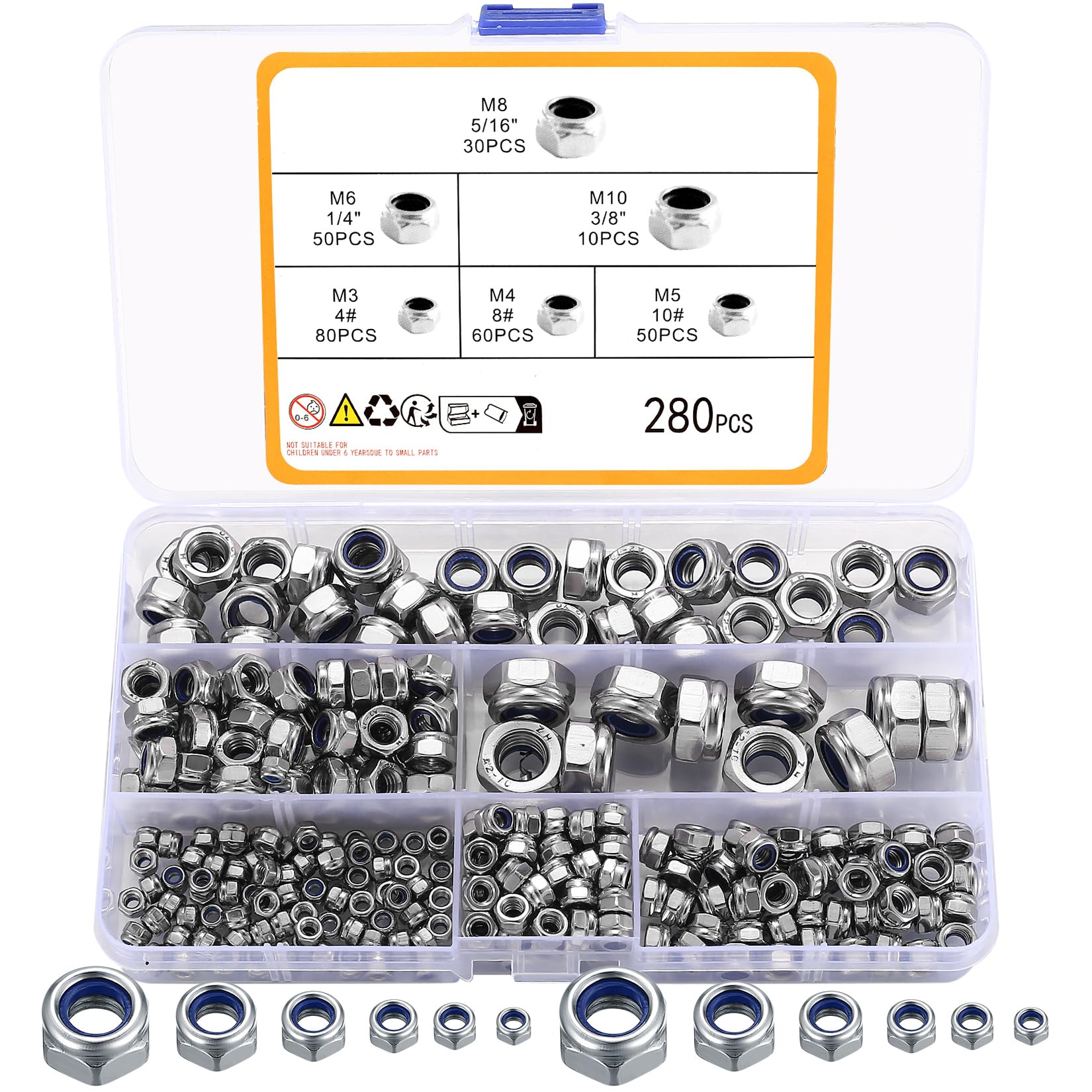 Zxglxinyao 280pcs Hex Nuts, Metric Lock Nuts, Stainless Steel Nylon ...