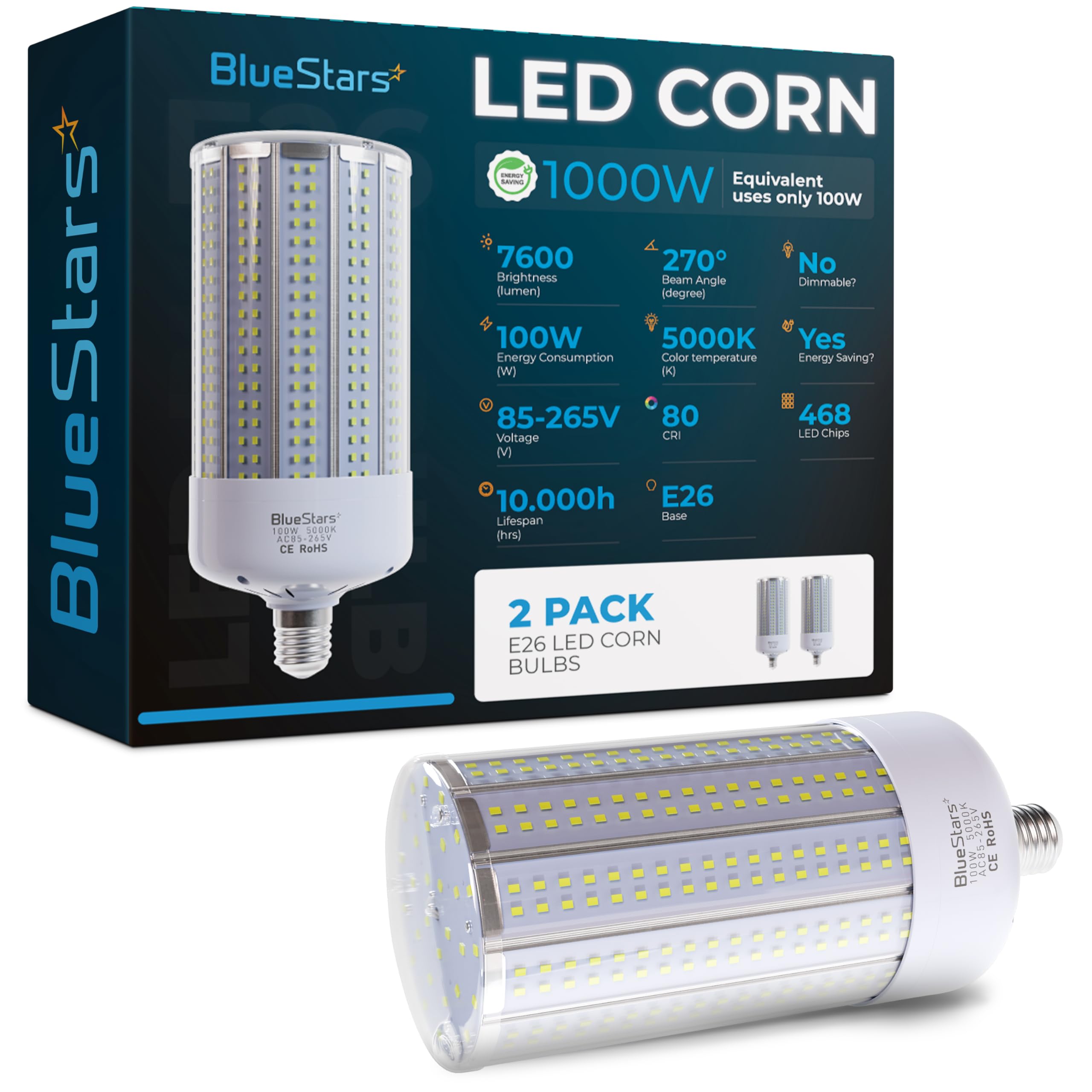 BlueStars Super Bright 100W (1000W Equivalent) LED Corn Light Bulbs E26 ...