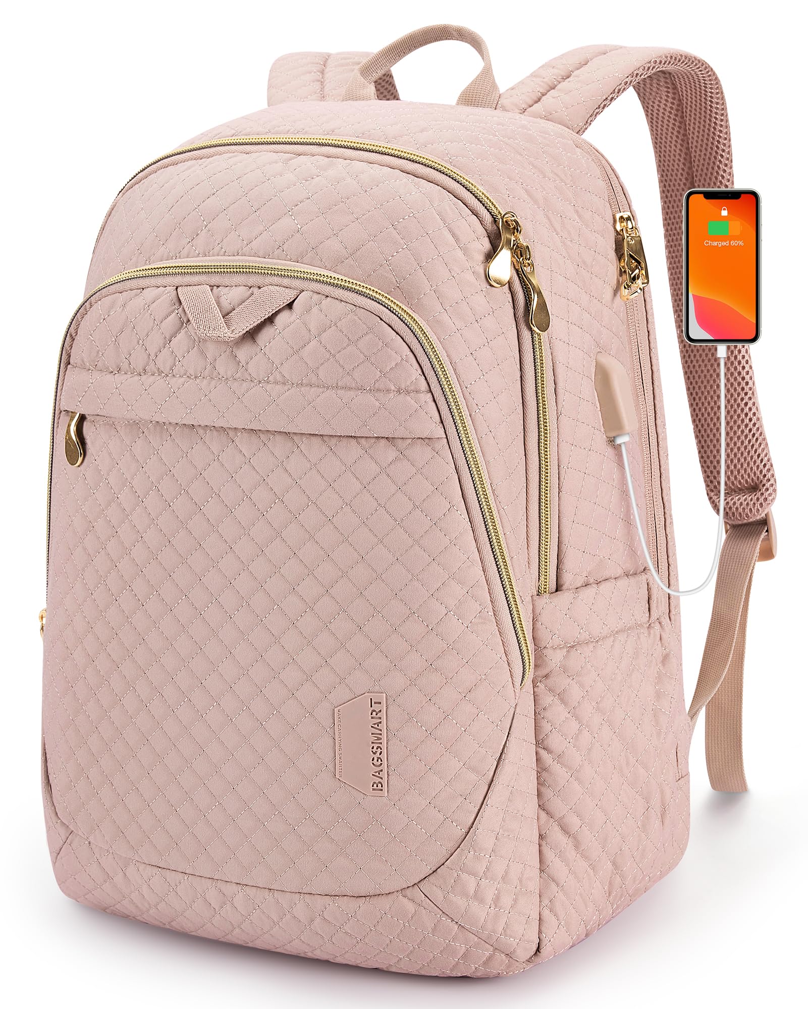 Mua 15.6 Inch Pink Quilted Laptop Backpack for Women with USB Charging ...