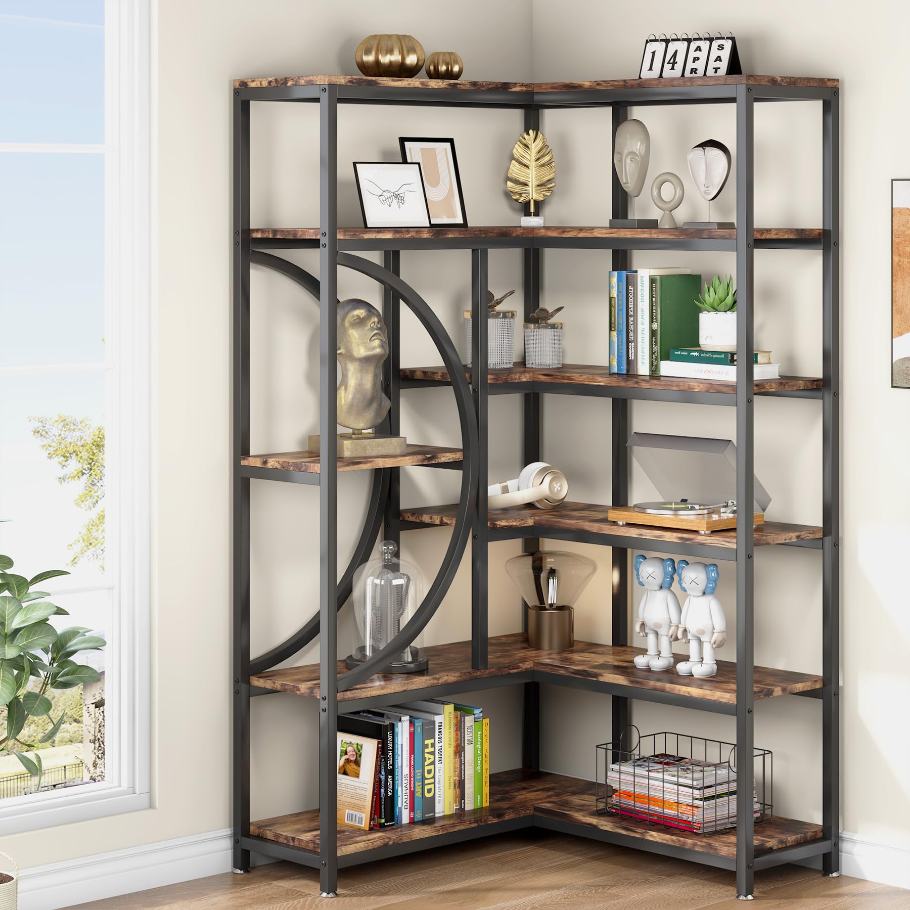 TIYASE 6-Shelf Corner Bookshelf Industrial 6-Tier Corner Etagere ...