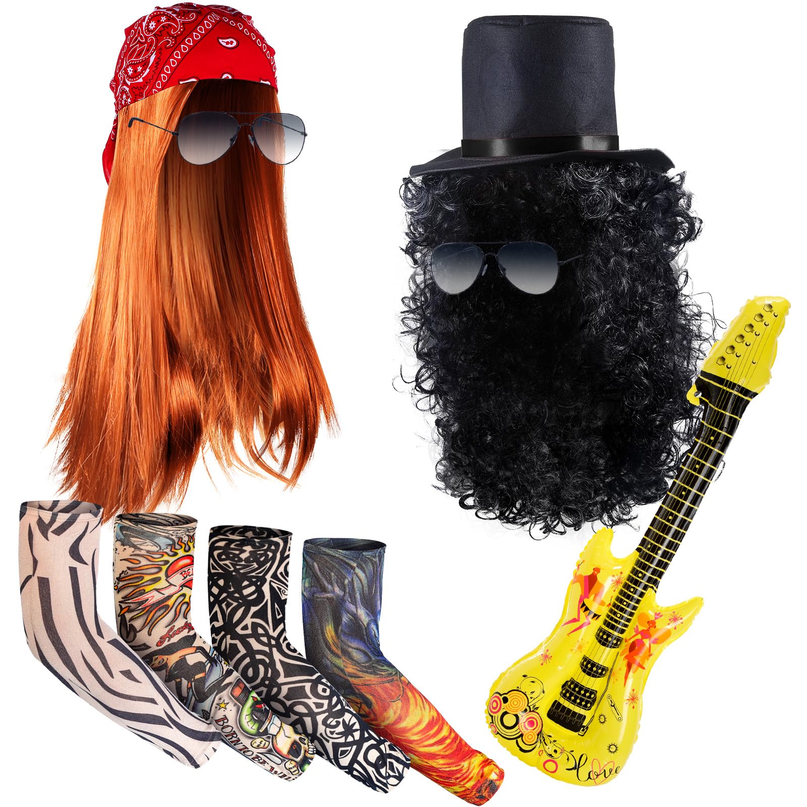 Yingzhao 2 Sets 9 Pcs Rocker 80s Costumes for Men Include Rocker Wig ...