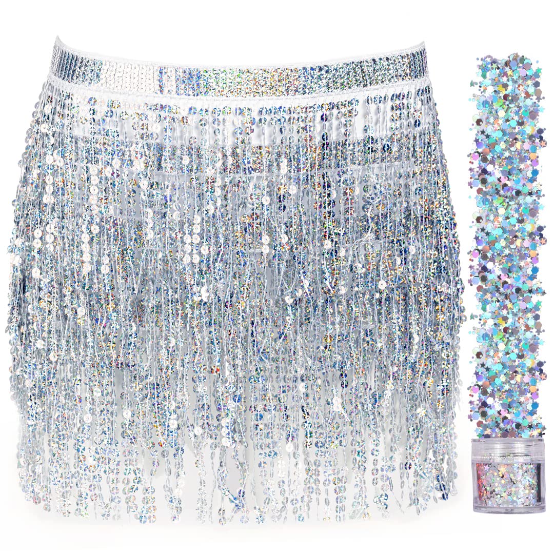 Funcredible Skirt Sequin Skirt - Sparkly Fringe Mini Skirt with Chunky ...
