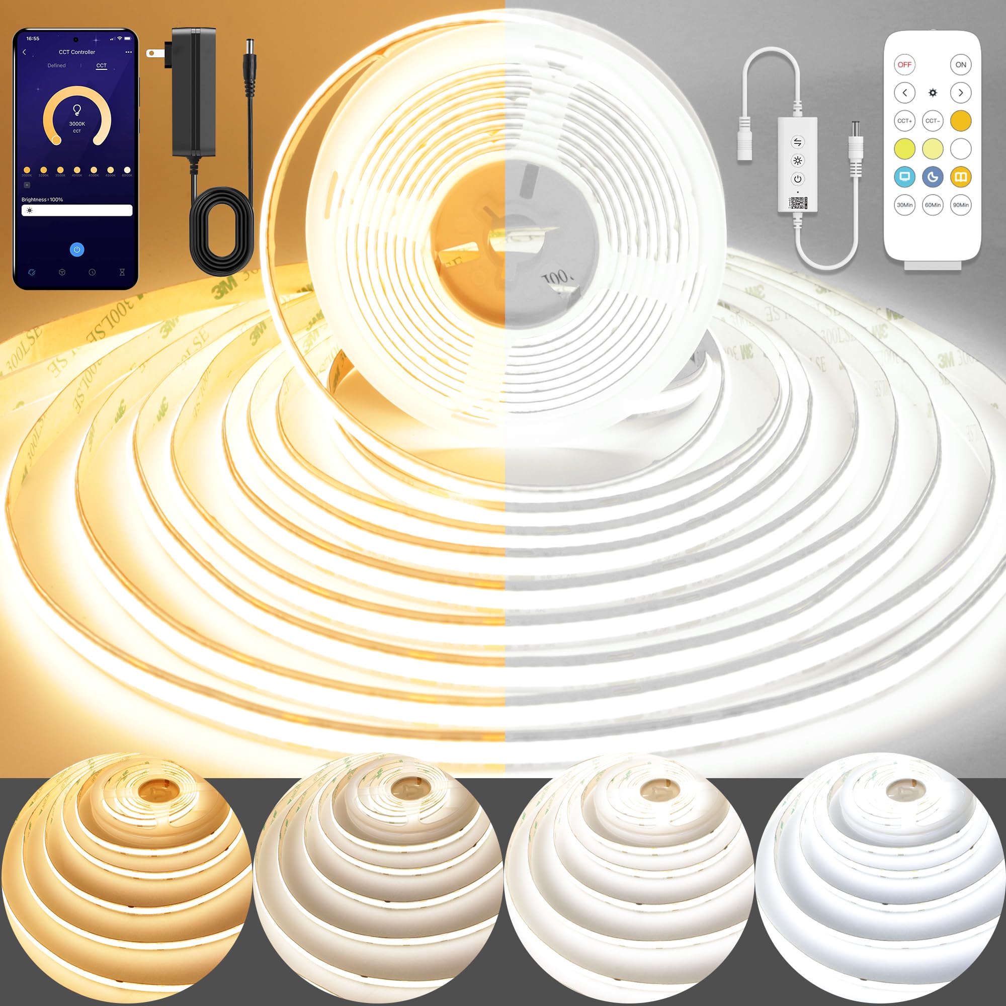 Pandery COB LED Strip Light,CCT Dimmable Strips Light,2700K-6500K,16 ...